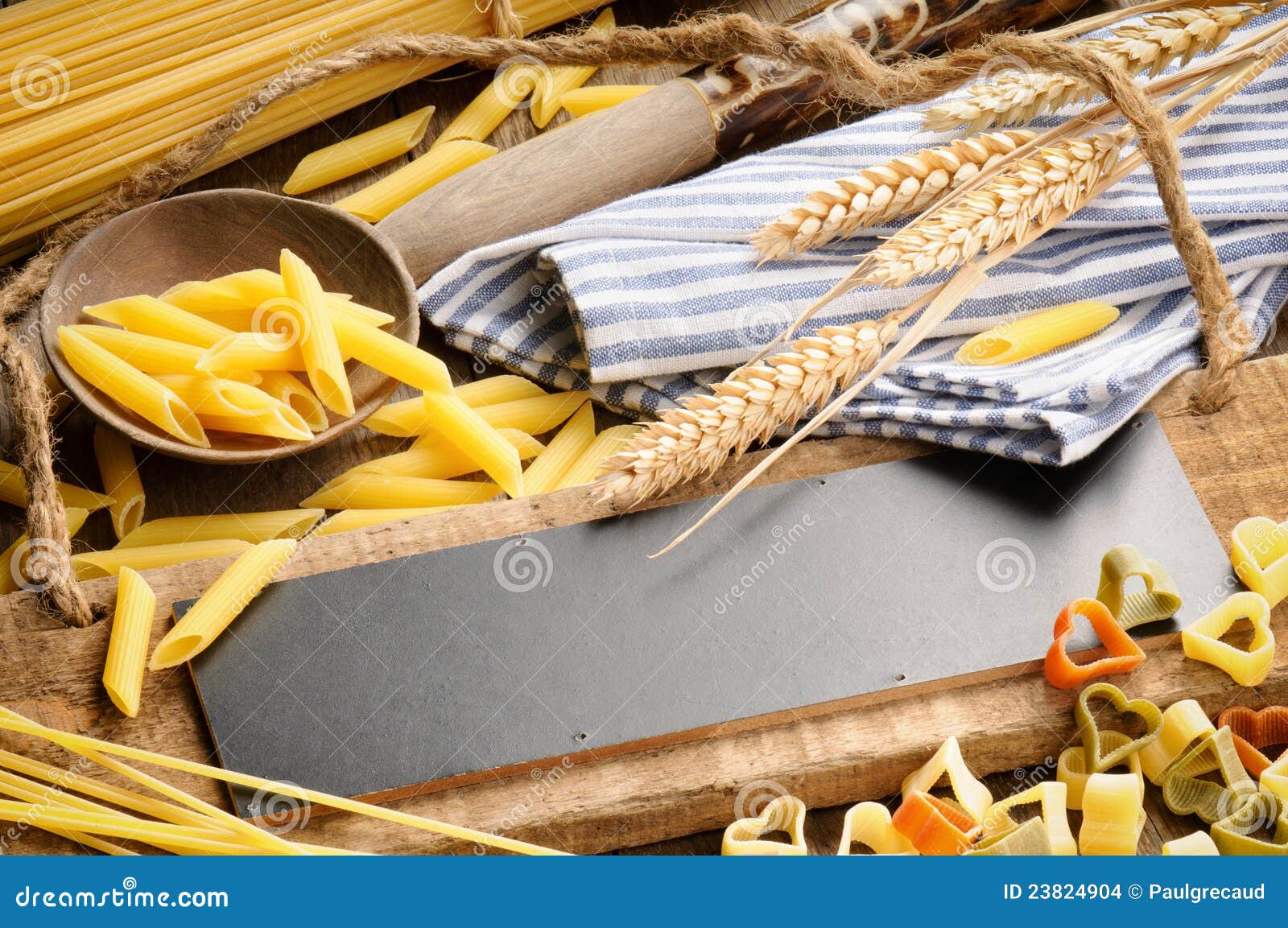 Rustic Wooden Board with Pasta Assortment Stock Photo - Image of ...