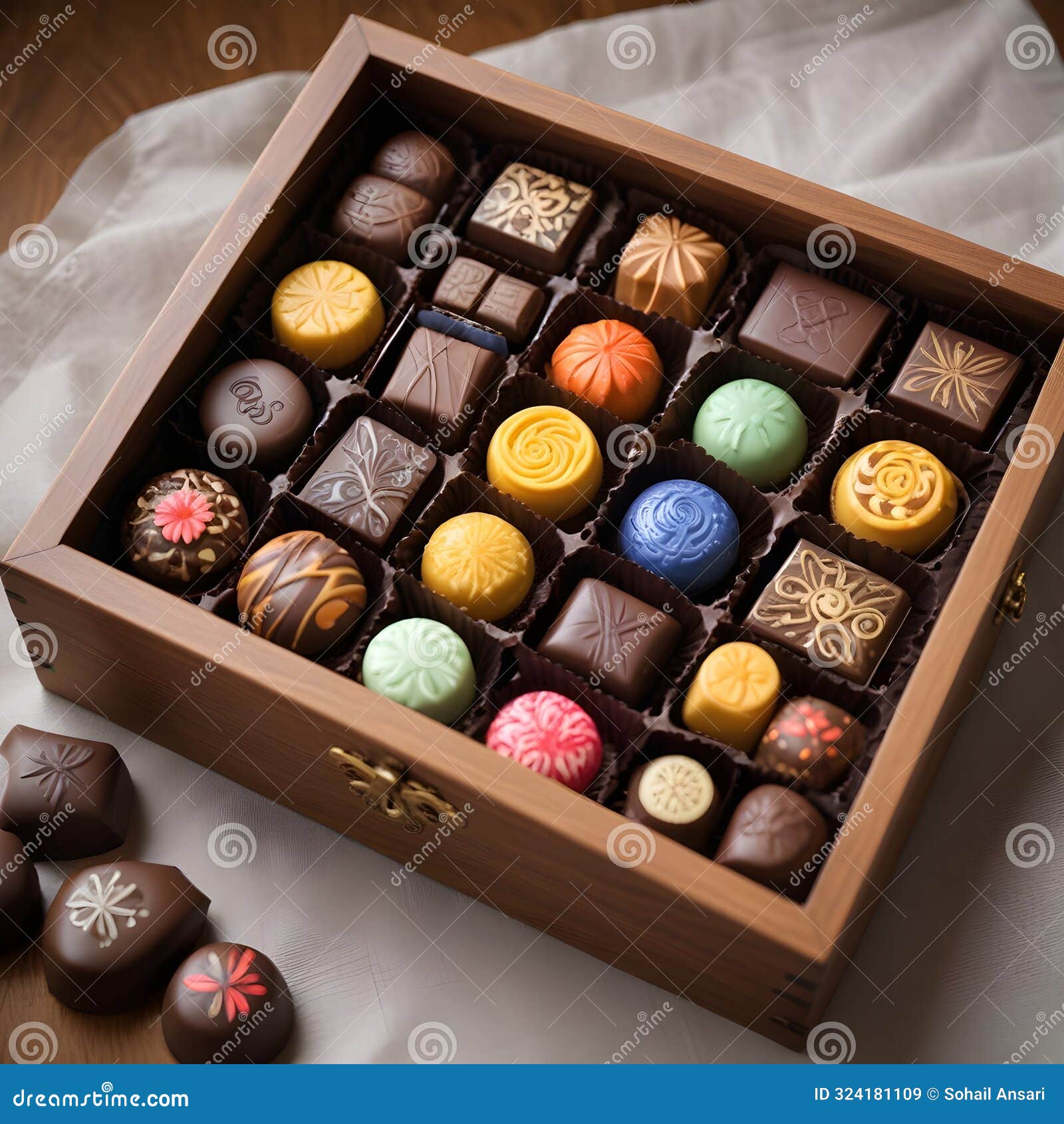 Delightful Selection of Chocolates in a Wooden Box Stock Illustration ...