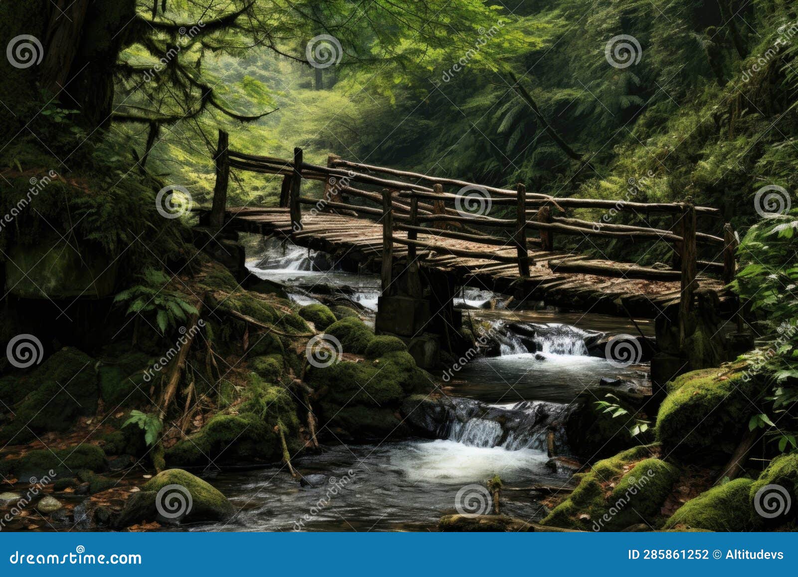 A Rustic Wooden Bridge Crossing a Mountain Stream in the Forest Stock ...