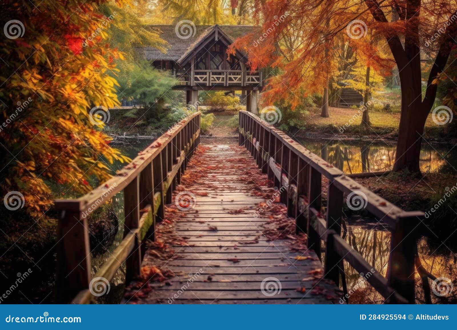 A Rustic Wooden Bridge Surrounded by Autumn Colors Stock Illustration ...