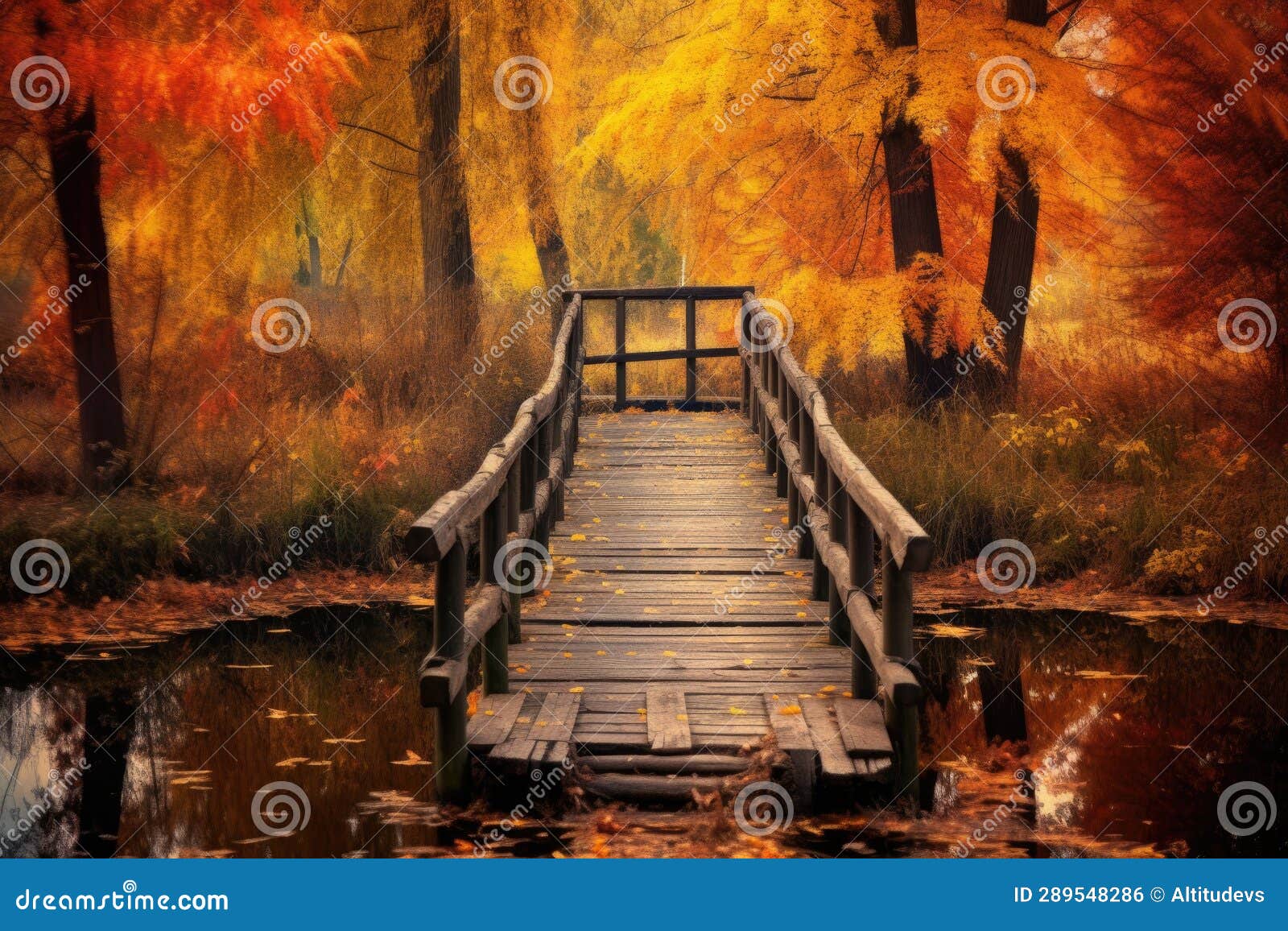 A Rustic Wooden Bridge Surrounded by Autumn Colors Stock Photo - Image ...