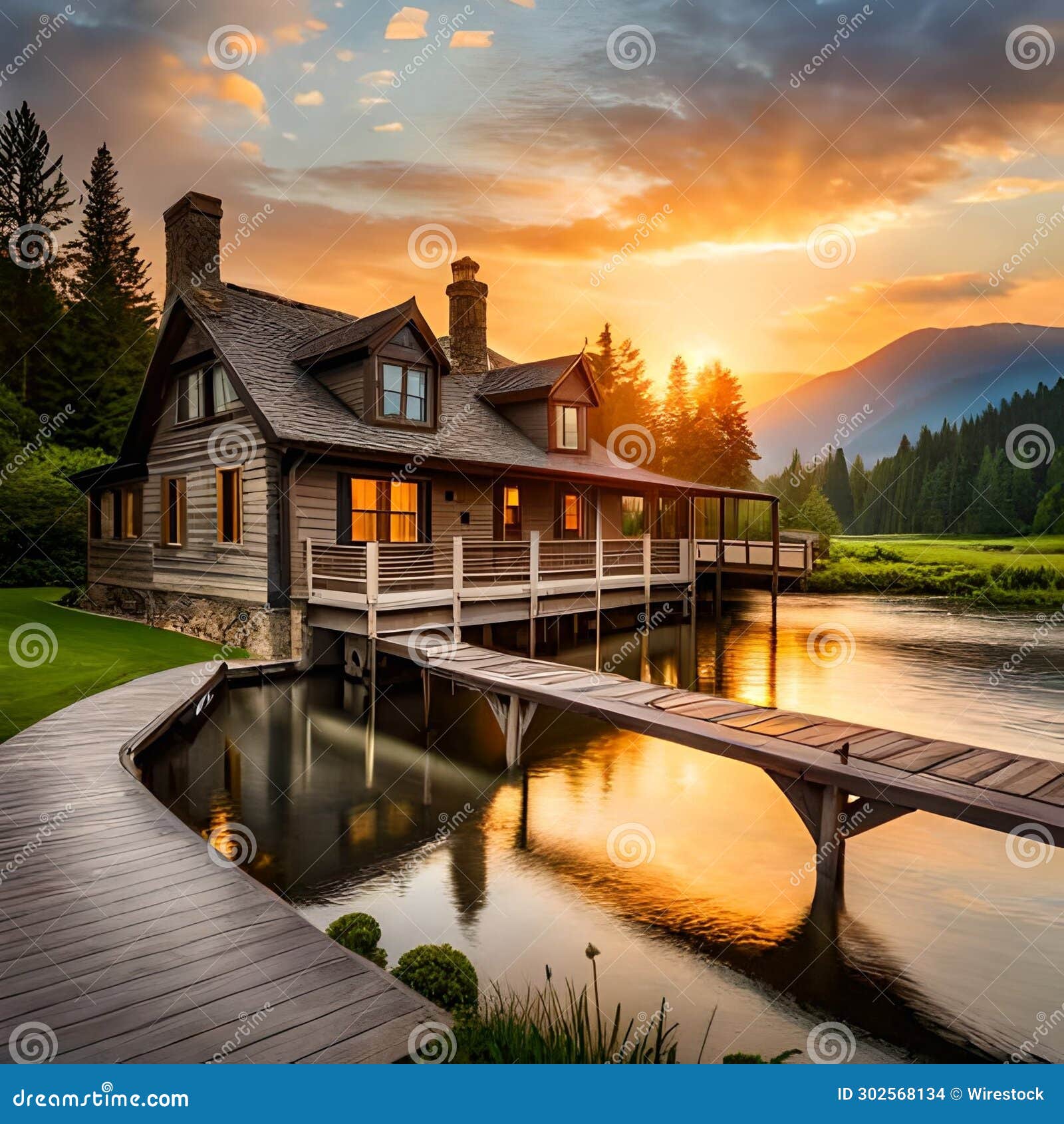 Rustic Wooden Cabin on a Dock Overlooking a Tranquil Lake. AI-generated ...