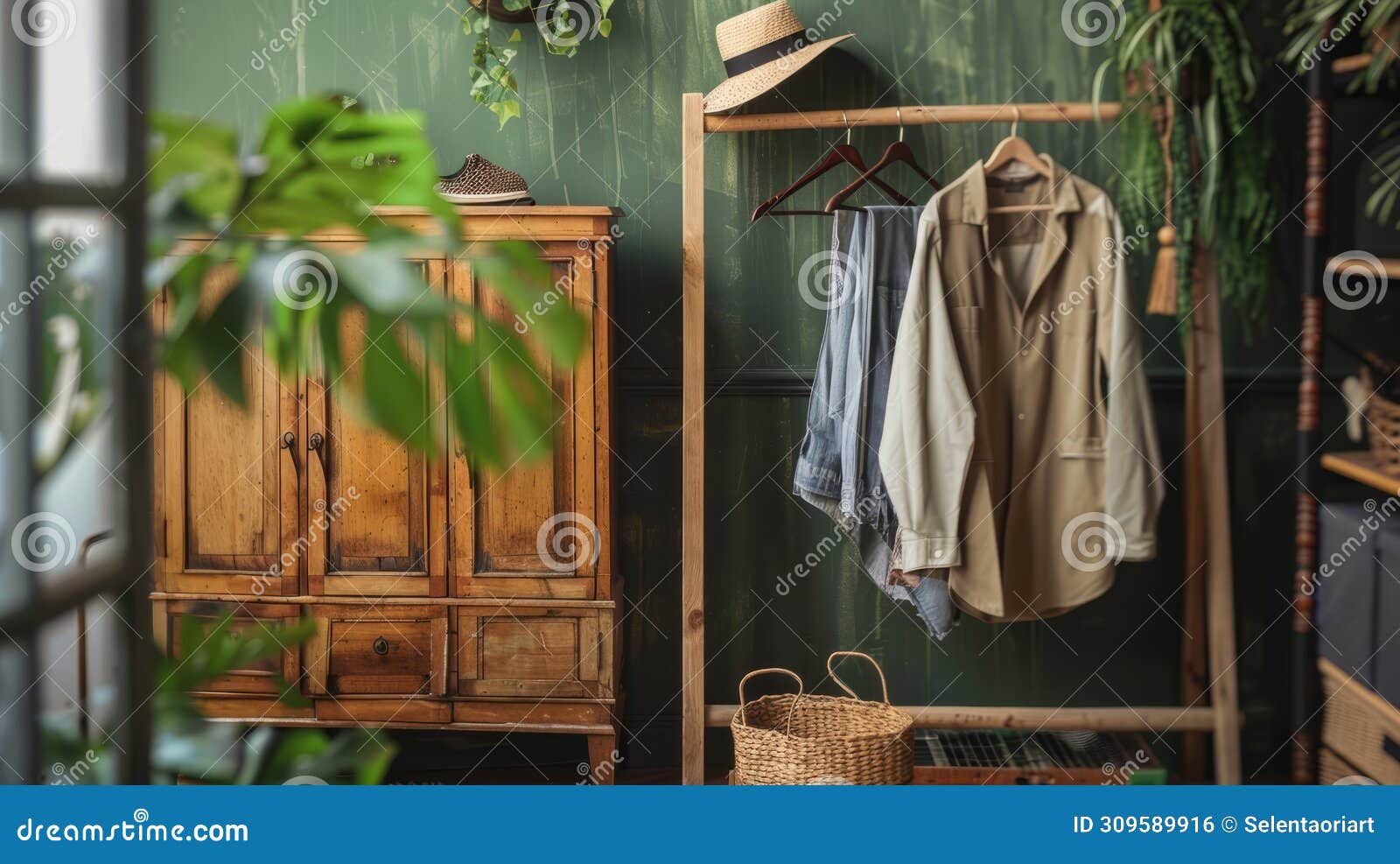 Rustic Wooden Clothes Hanger in Cozy Entryway Stock Illustration ...