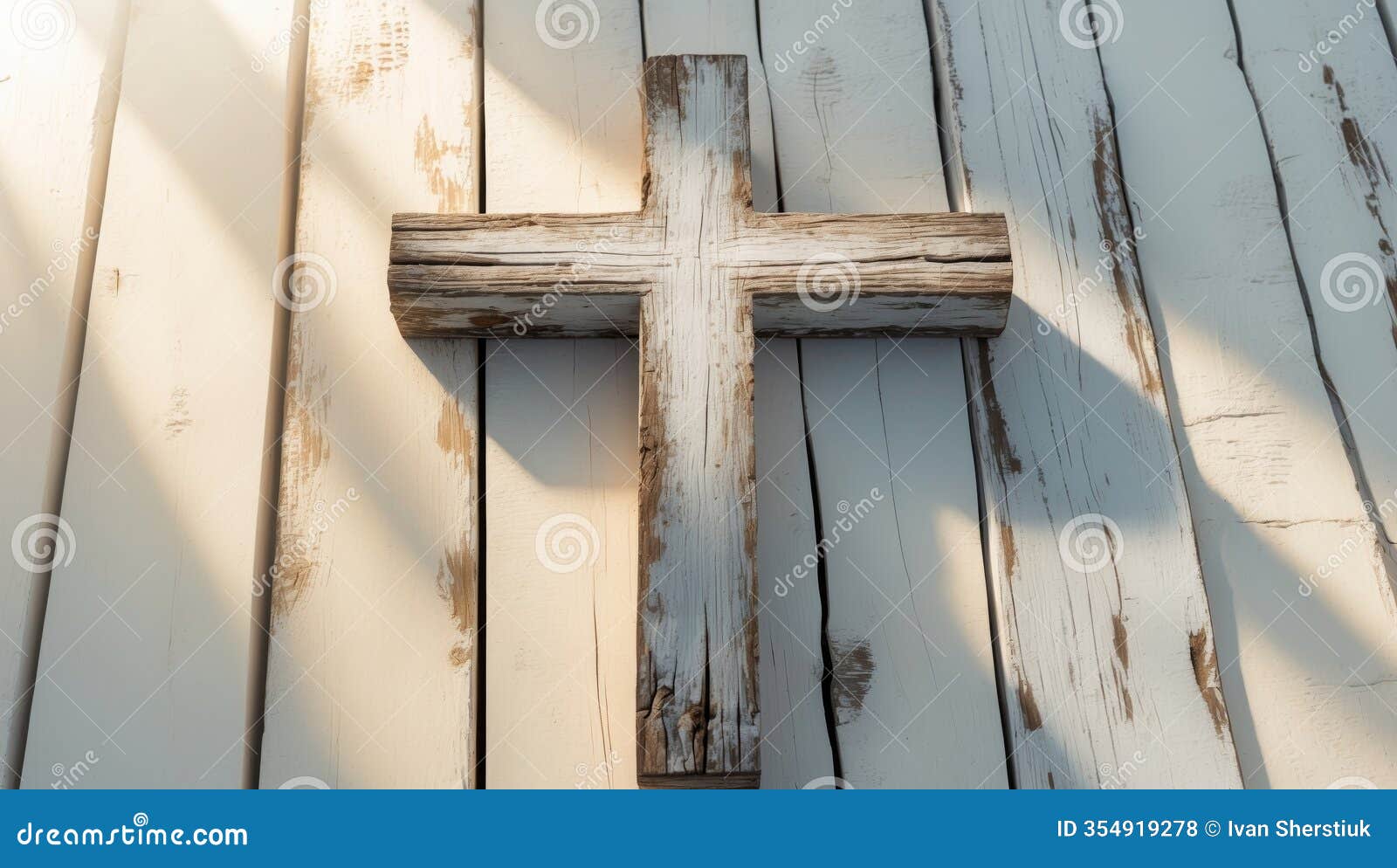 Rustic Wooden Cross on Weathered Planks with Sunlight Rays Stock Photo ...