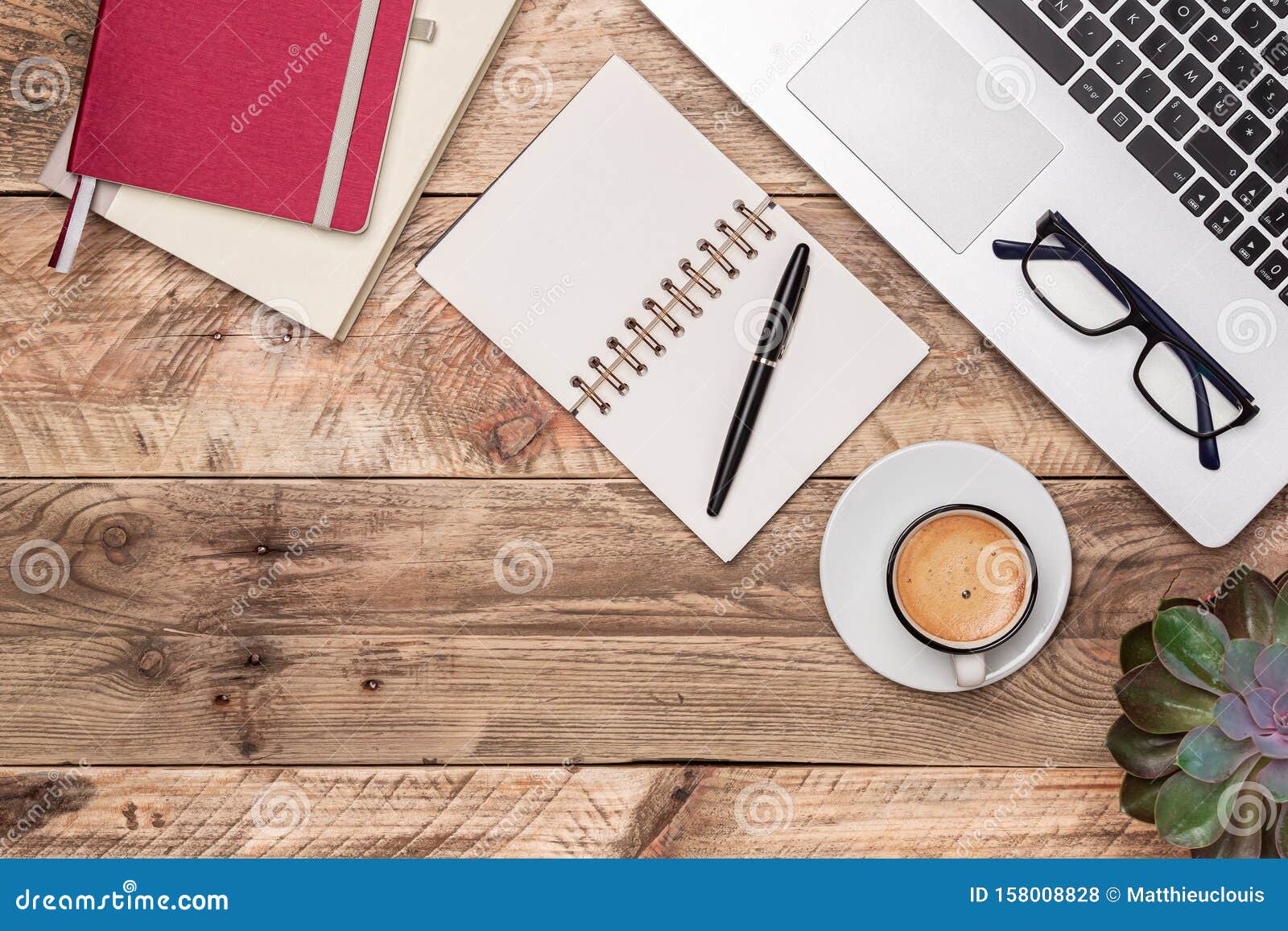 Rustic Wooden Desk Top View with Notebook, Pen, Laptop and Coffee Cup ...