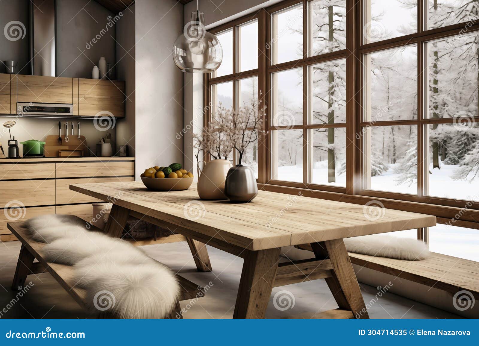 Rustic Wooden Dining Table in Cozy Kitchen Interior with Large Windows ...