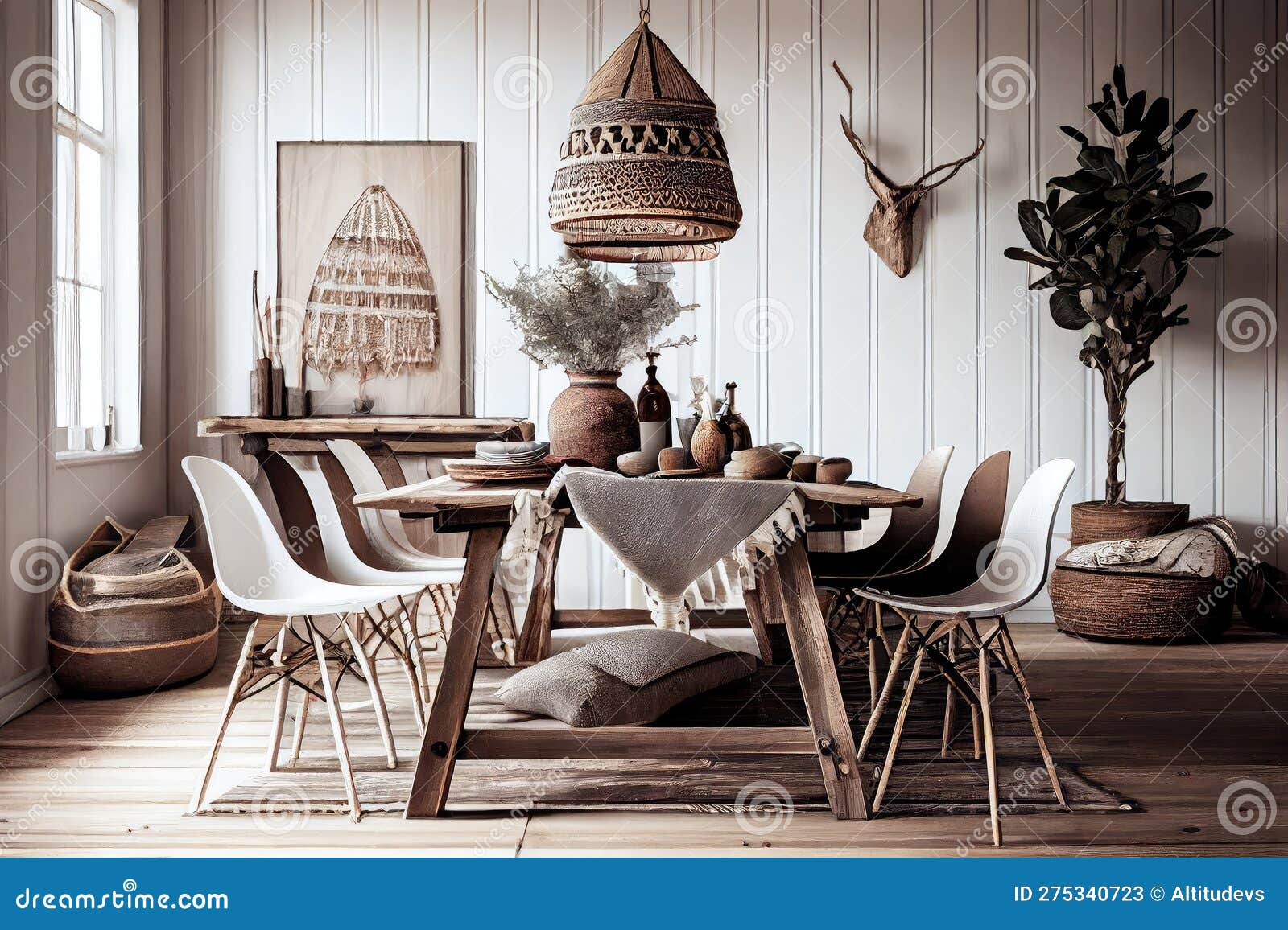 Rustic Wooden Dining Table Surrounded by Scandi-boho Decor Stock ...
