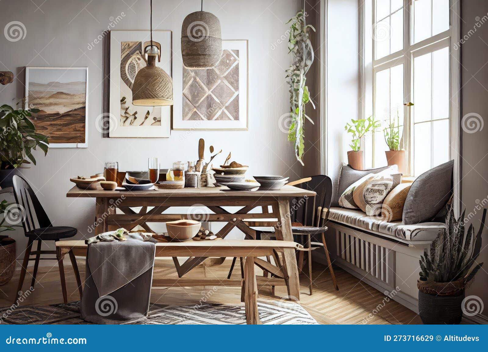 Rustic Wooden Dining Table Surrounded by Scandi-boho Decor Stock ...