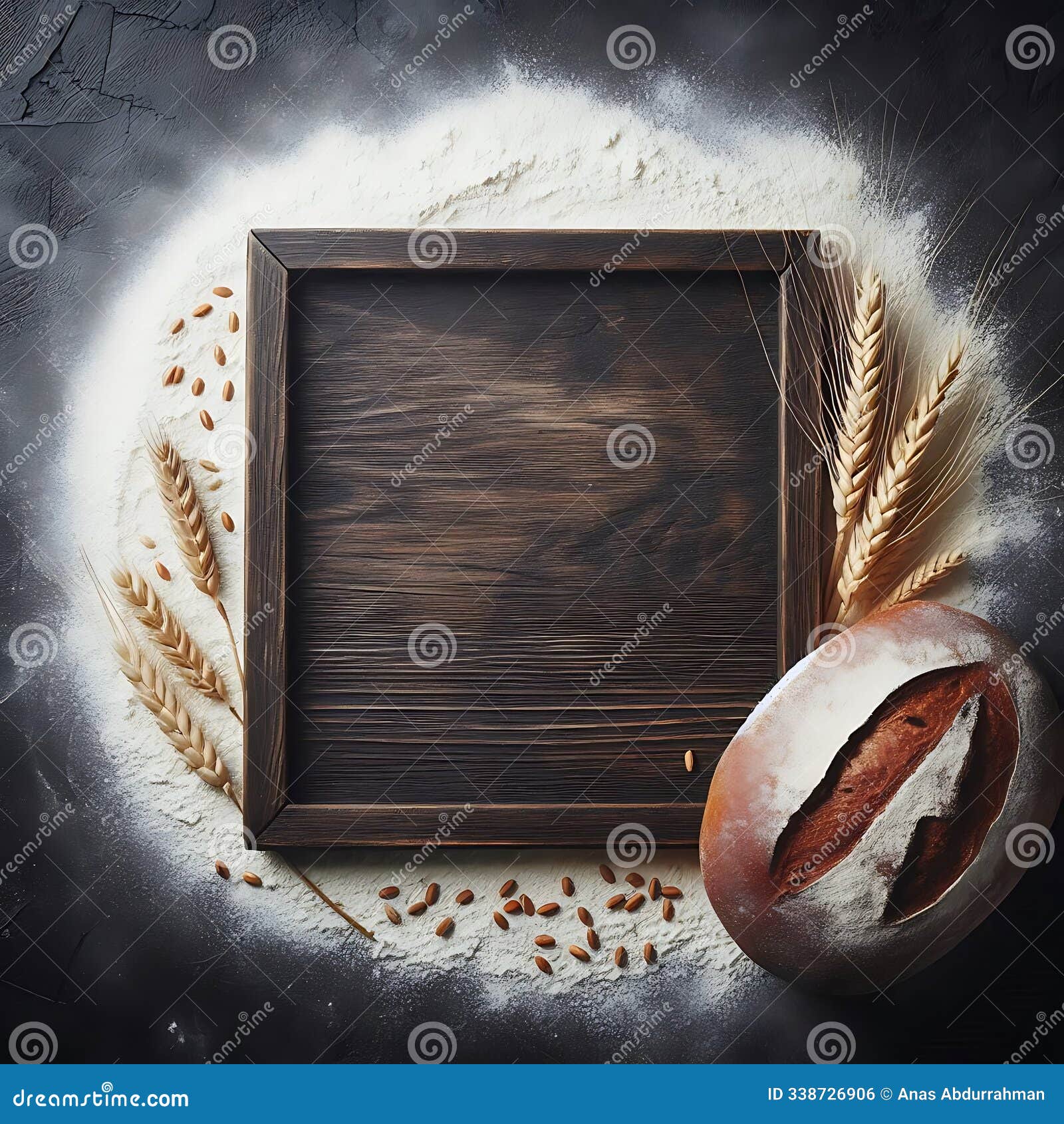 Custom 1. Flour Covered Wood Frame with Wheat and Loaf of Bread Stock ...