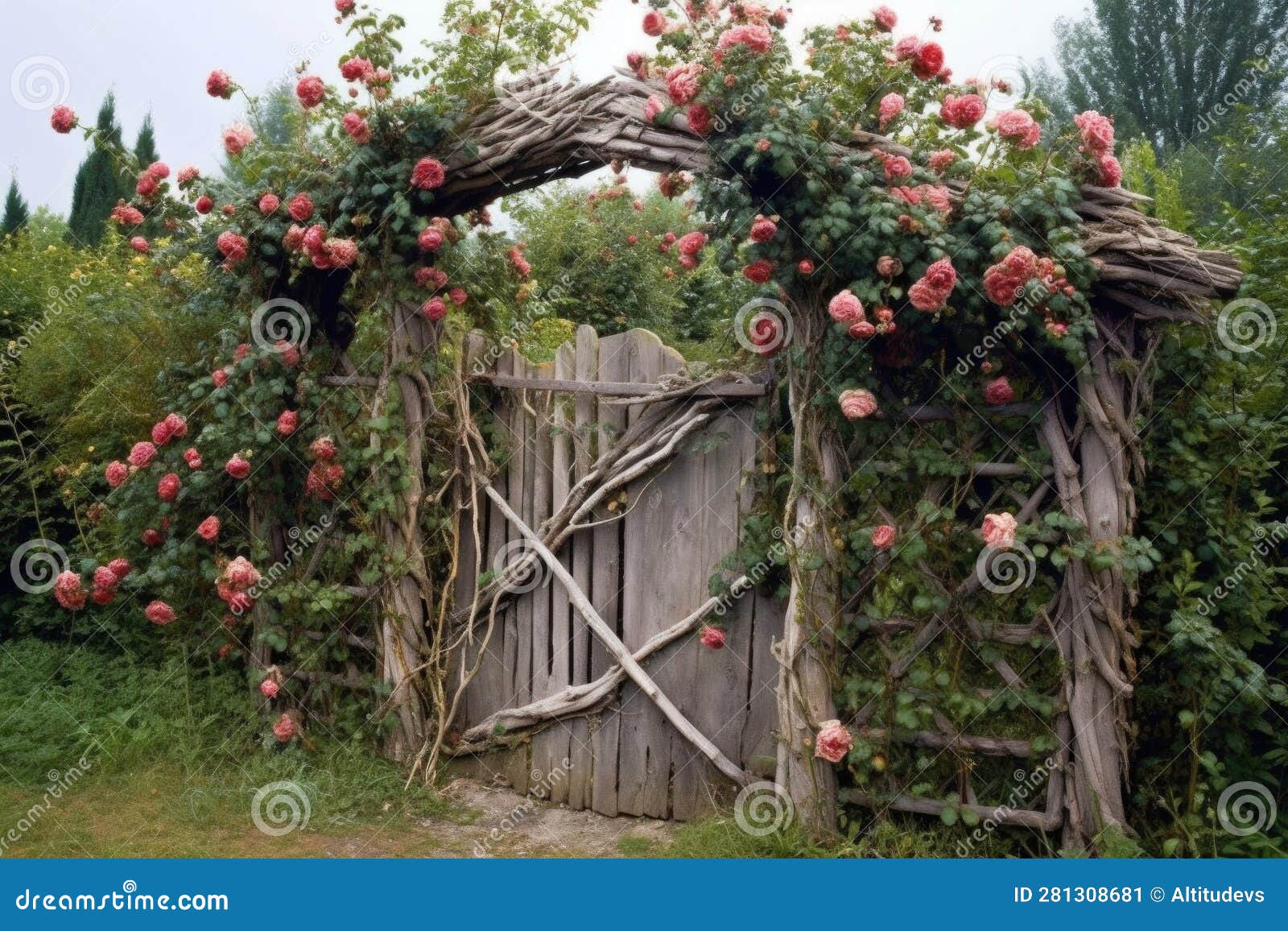 Rustic Wooden Gate Entwined with Climbing Roses Stock Illustration ...