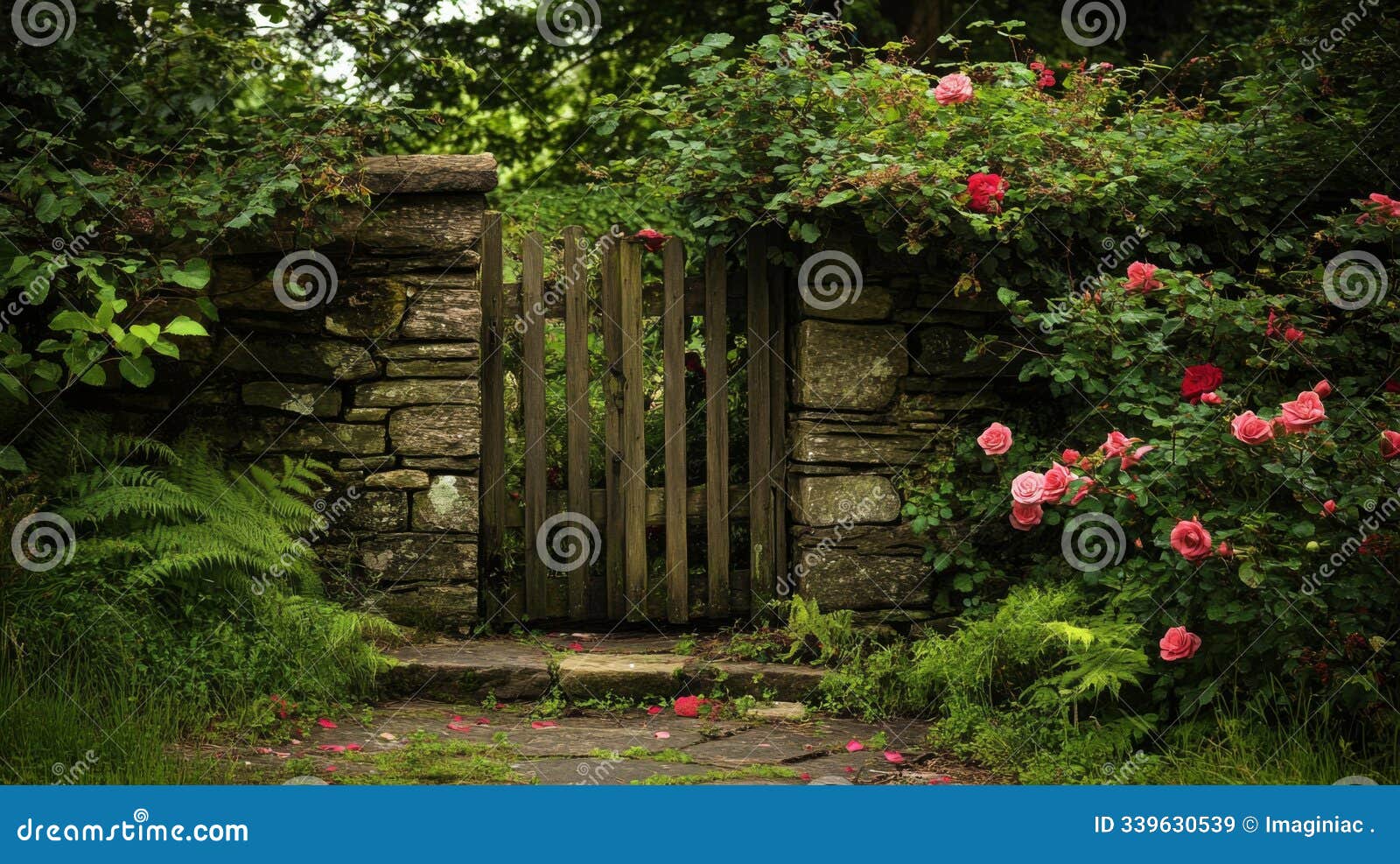 A Rustic Wooden Gate in a Lush Rose Garden Stock Illustration ...