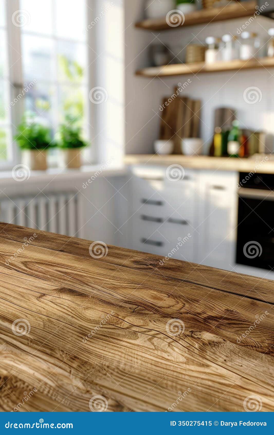 Rustic Wooden Kitchen Counter with Modern Shelves and Kitchenware Stock ...