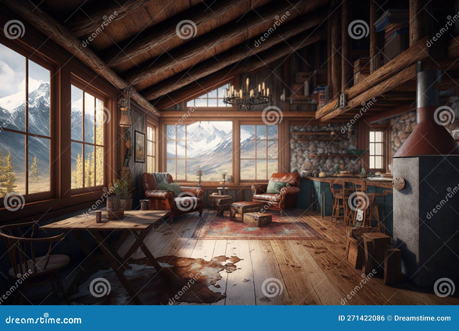 Rustic Wooden Mountain Cabin Interior Stock Illustration - Illustration ...