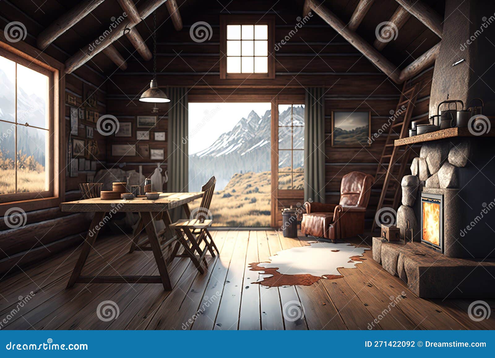 Rustic Wooden Mountain Cabin Interior Stock Illustration - Illustration ...