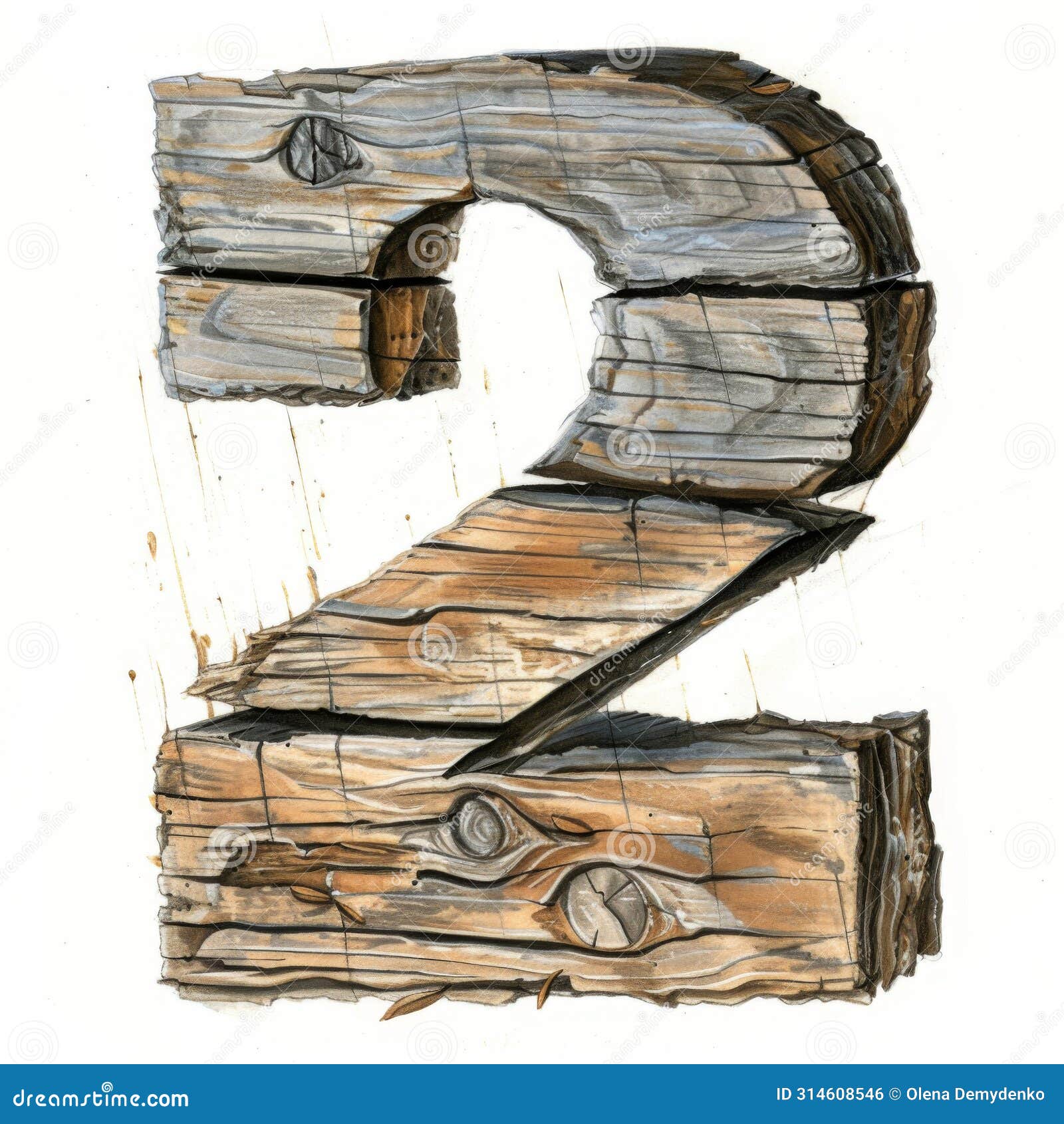 Rustic Wooden Alphabet Isolated on White Background - Number 2 with ...