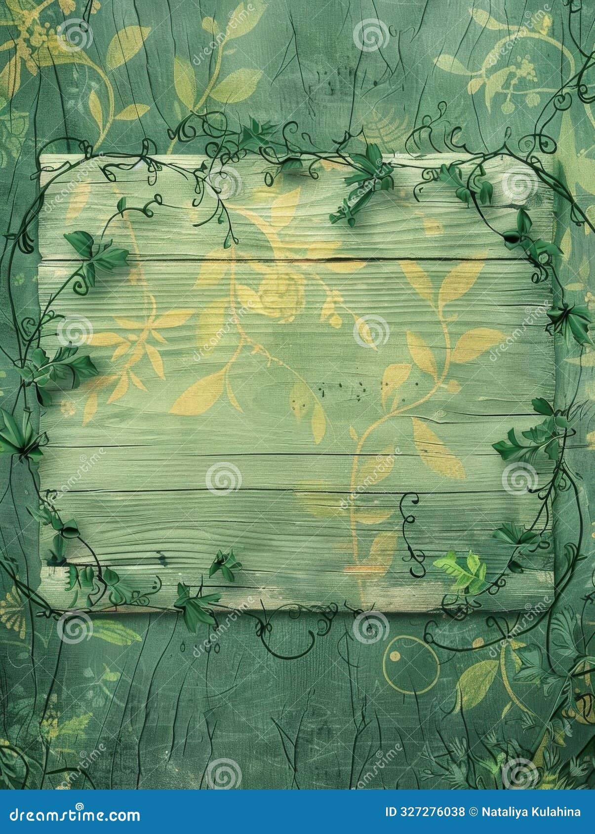 Rustic Wooden Panel with Green Leaves and Vines Forming a Natural ...