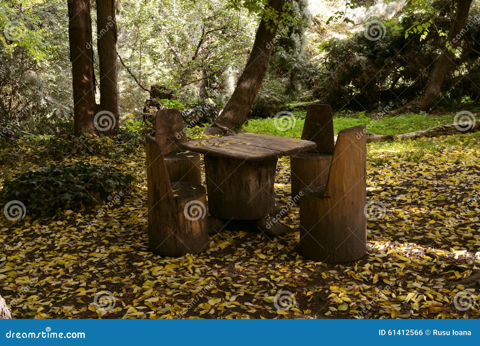 Rustic Wooden Picnic Table and Chairs in the Forest Stock Photo - Image ...