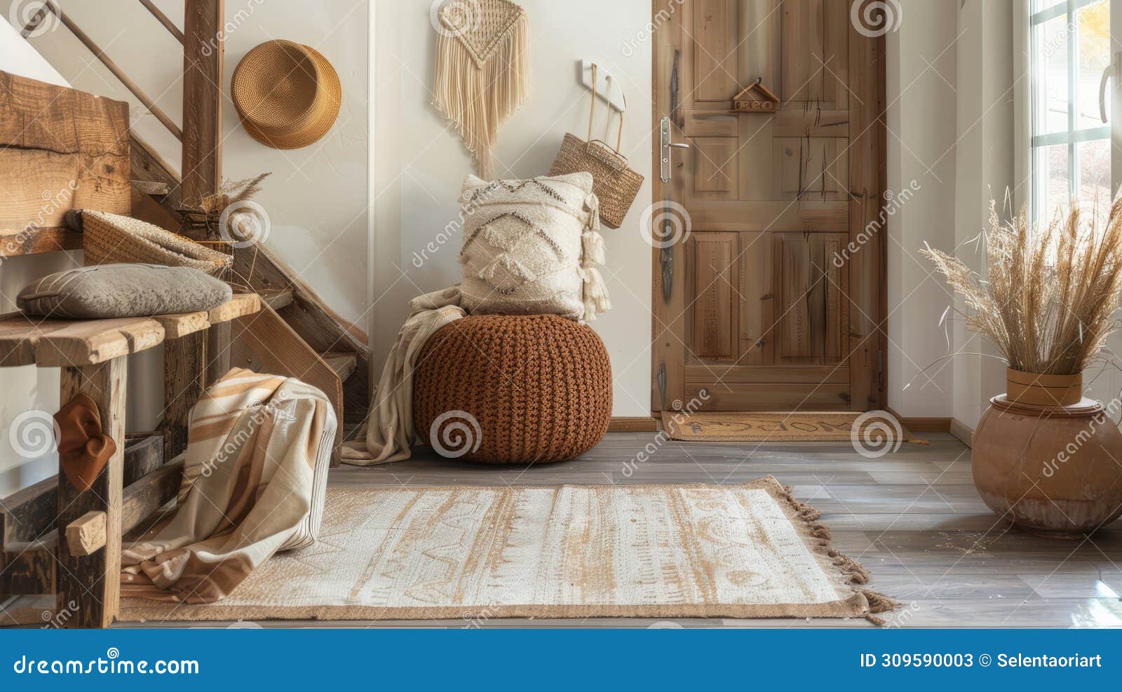Rustic Wooden Pouffe in Cozy Entryway Stock Illustration - Illustration ...