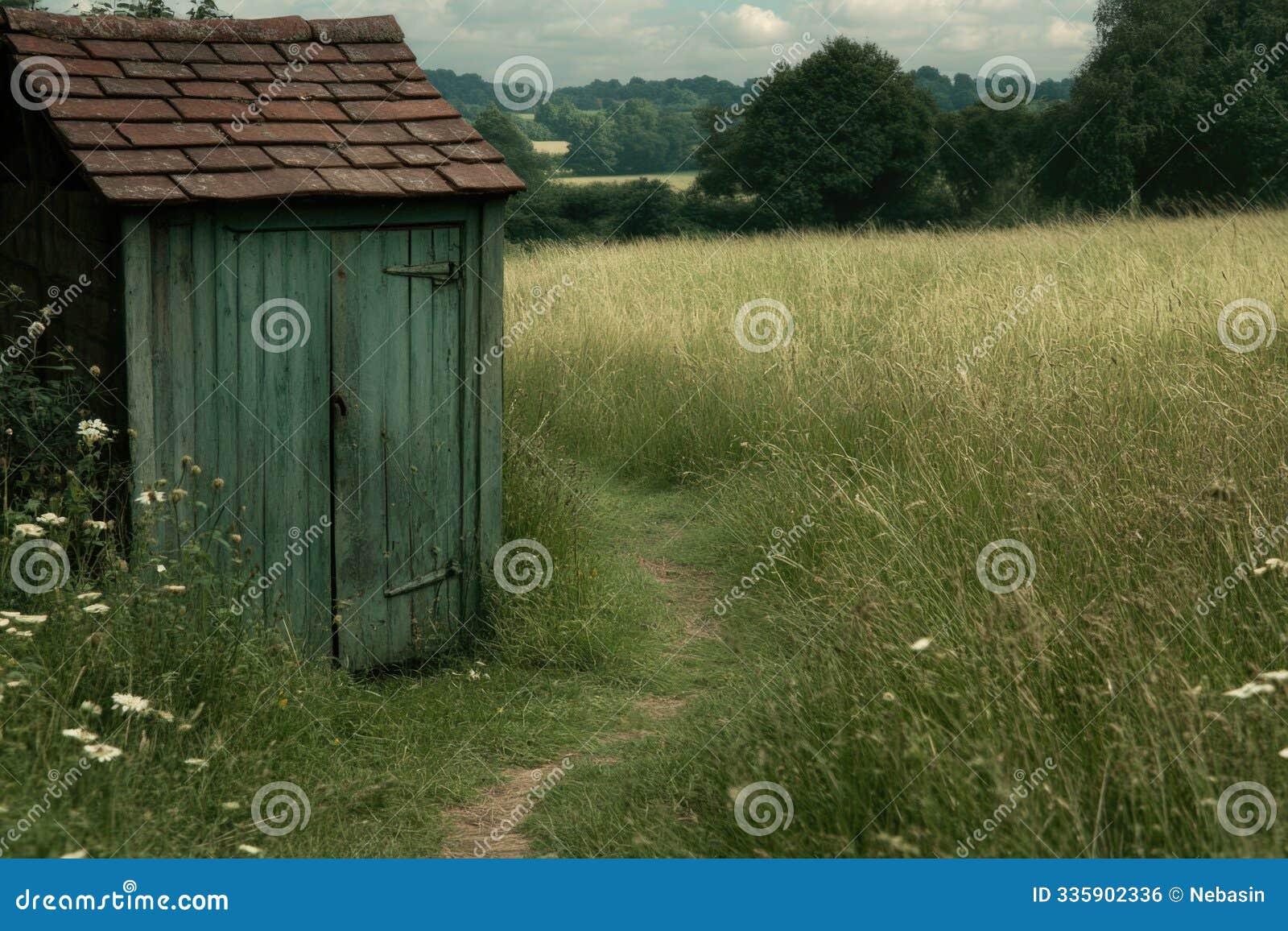 Rustic Wooden Shed on Path Surrounded by Lush Green Fields and Trees ...