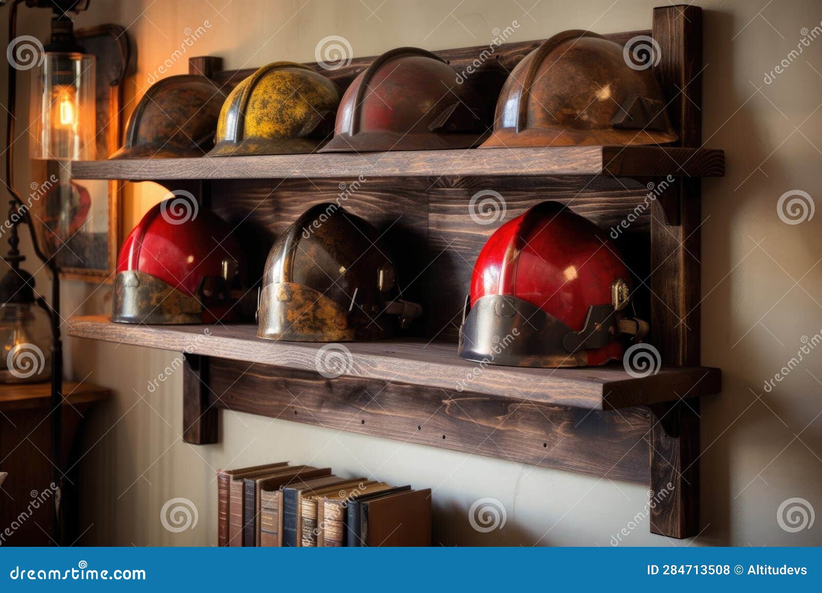 Rustic Wooden Shelf Displaying Antique Firefighter Helmets Stock Photo ...