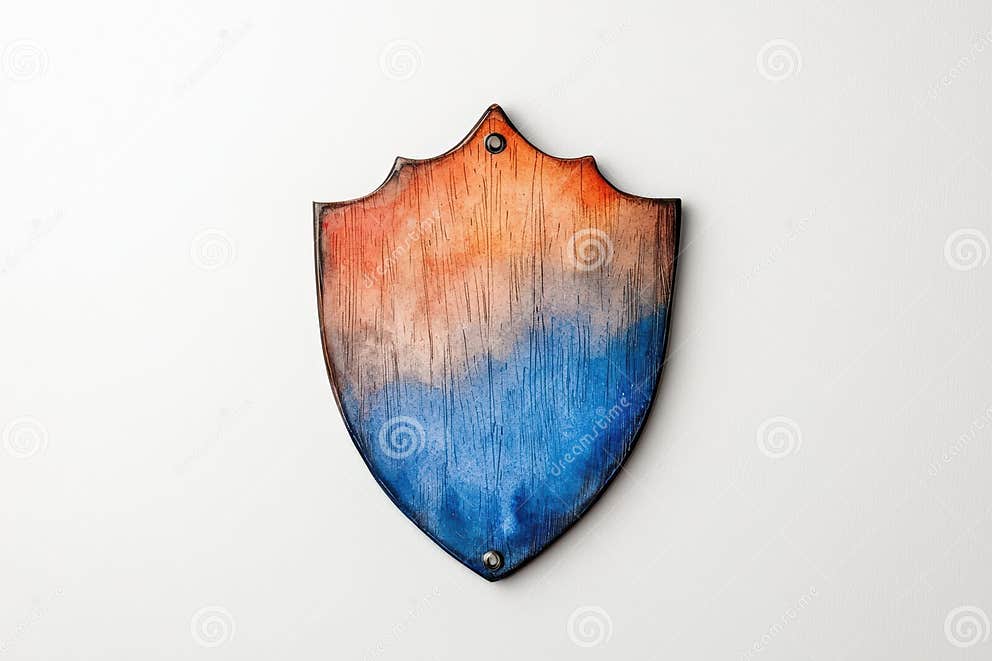 A Rustic Wooden Shield Featuring a Vibrant Orange and Blue Gradient ...