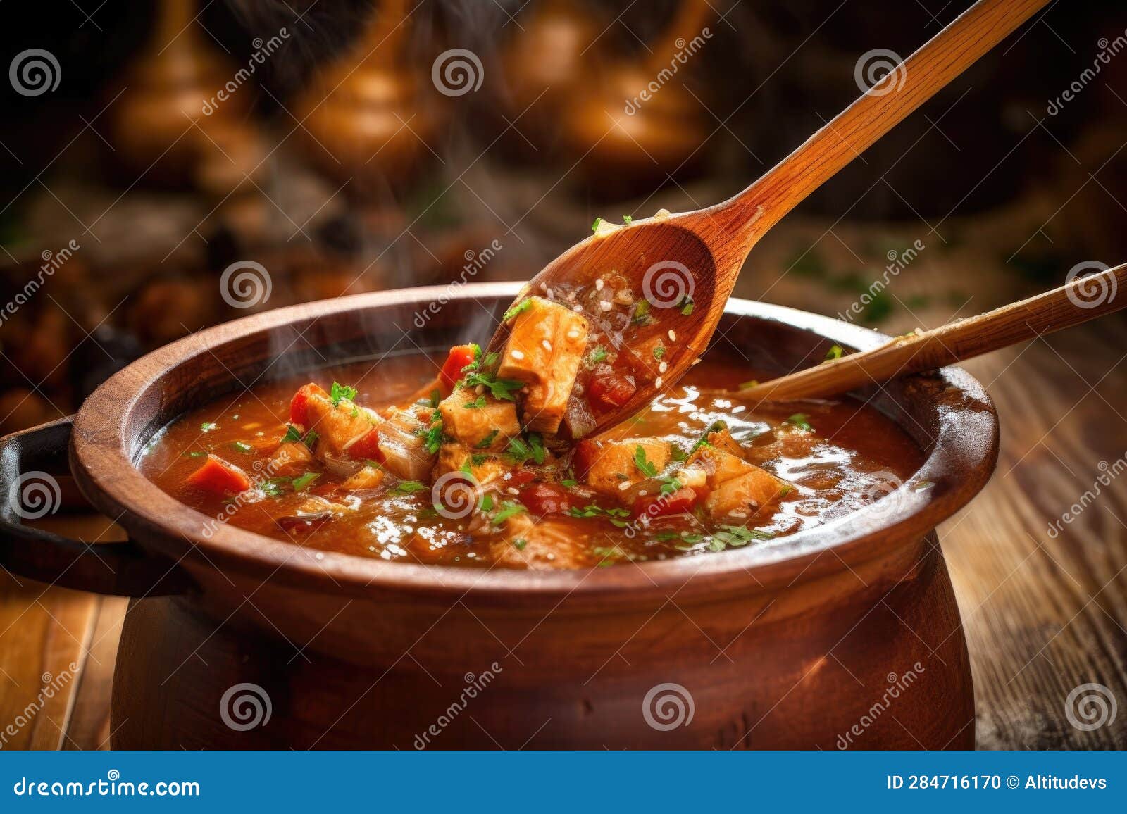 Rustic Wooden Spoon Stirring a Thick, Hearty Stew Stock Illustration ...