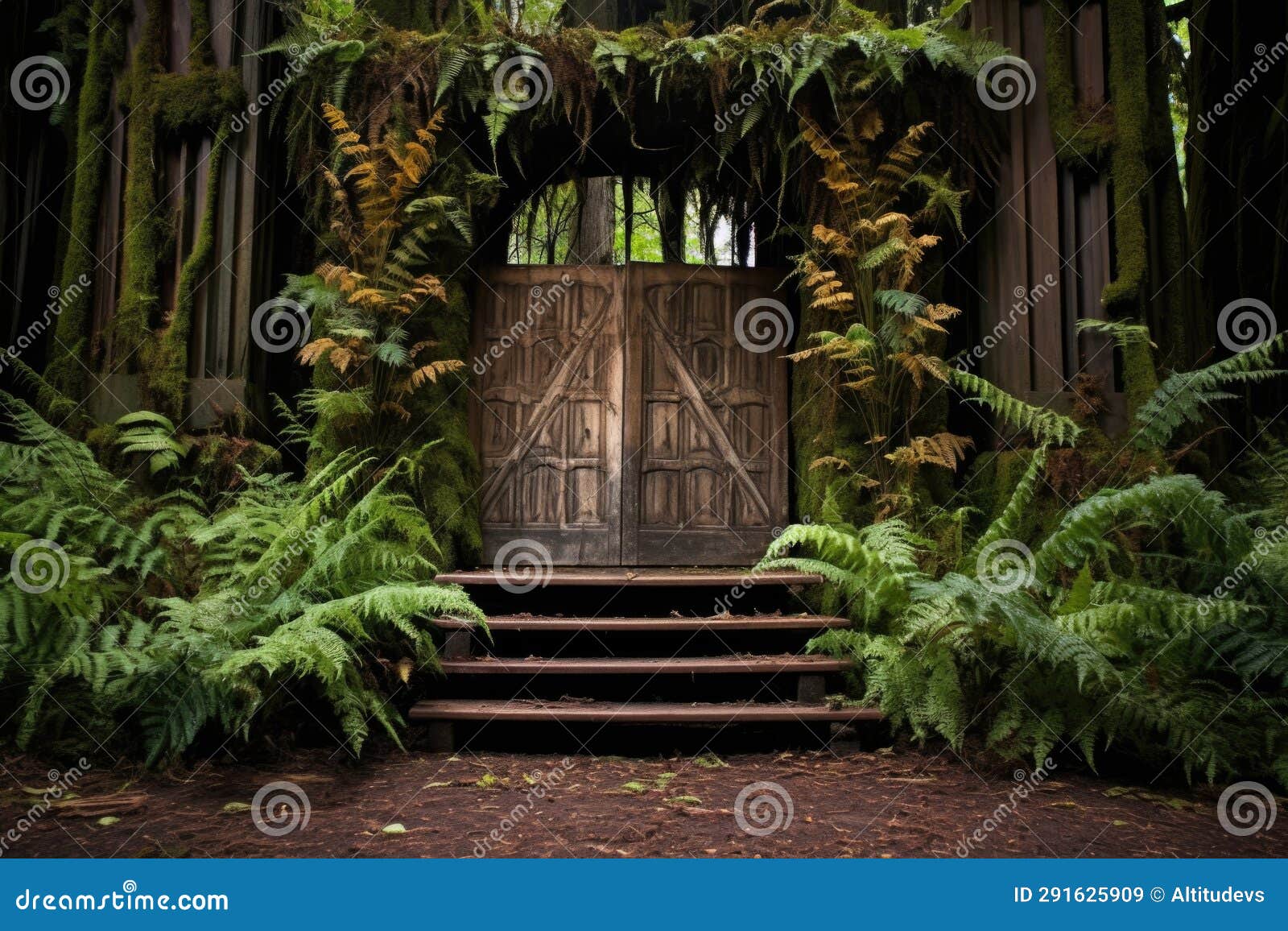 A Rustic Wooden Stage at the End of a Forest Path, with Tall Ferns on ...