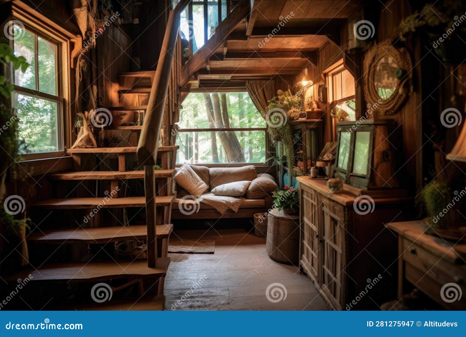 Rustic Wooden Staircase in a Cozy Cabin Setting Stock Illustration ...