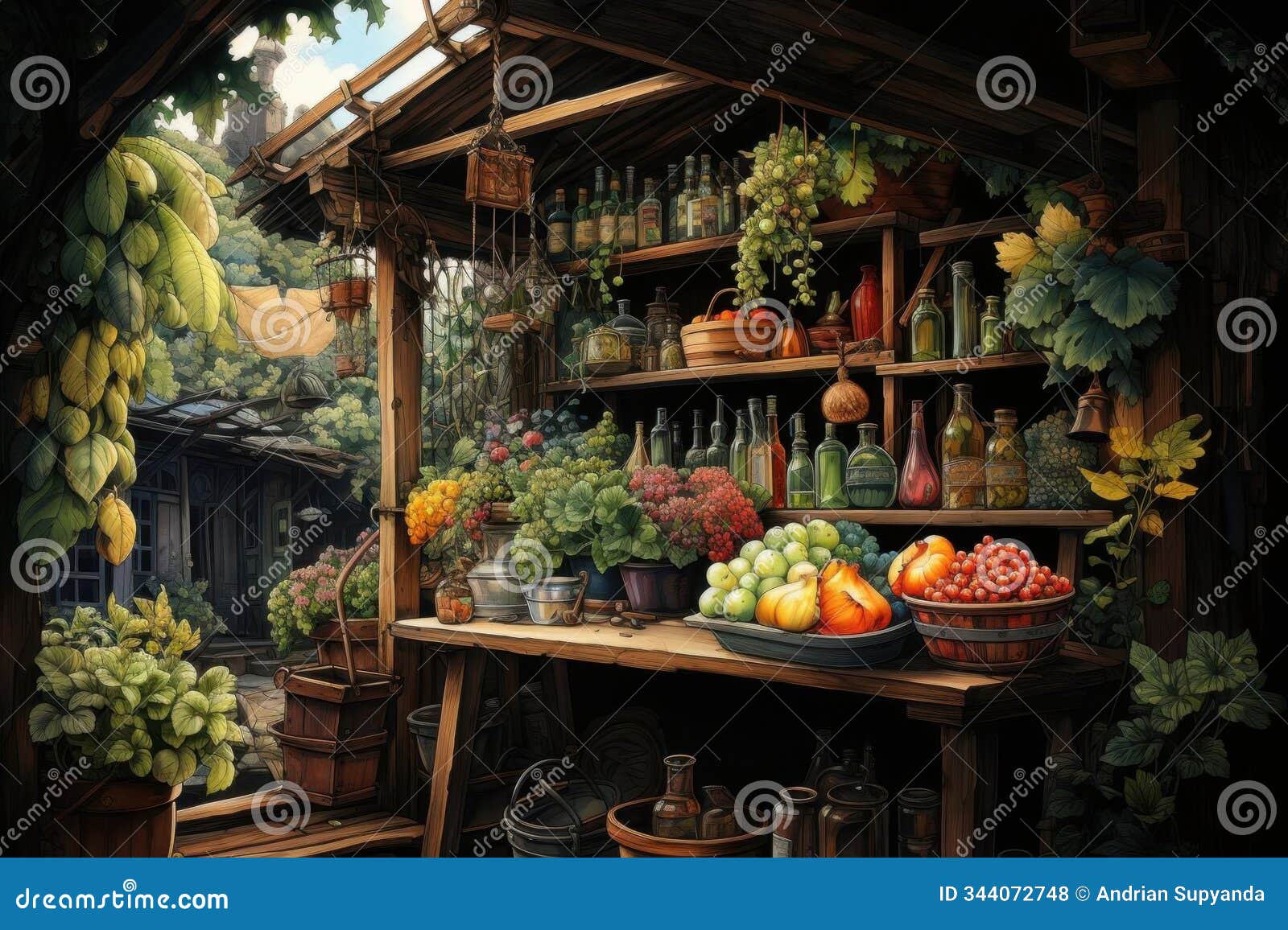 Rustic Wooden Stall with Produce and Bottles Stock Illustration ...