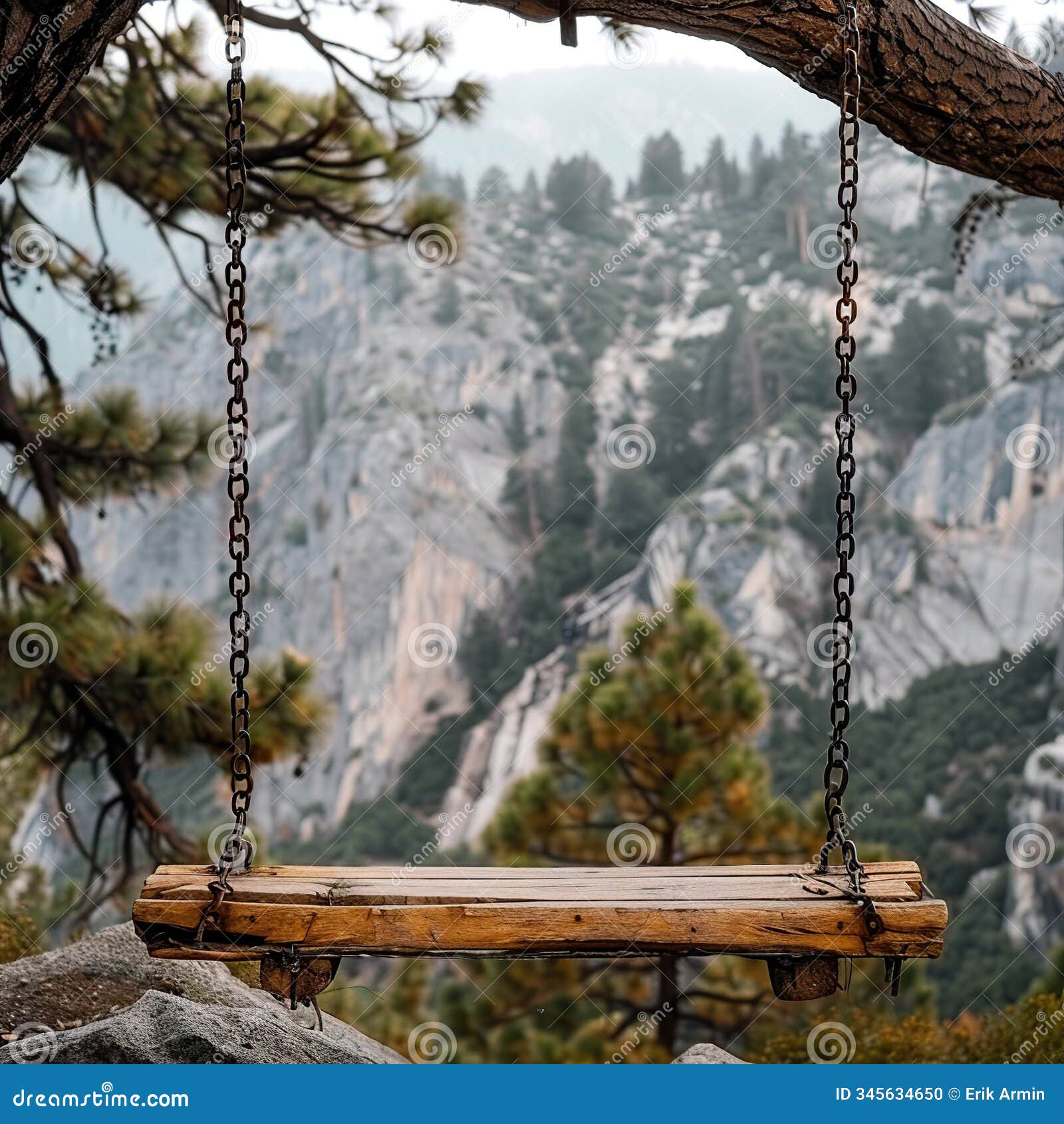 A Rustic Wooden Swing with Iron Chains, Suspended from a Cliffside Tree ...