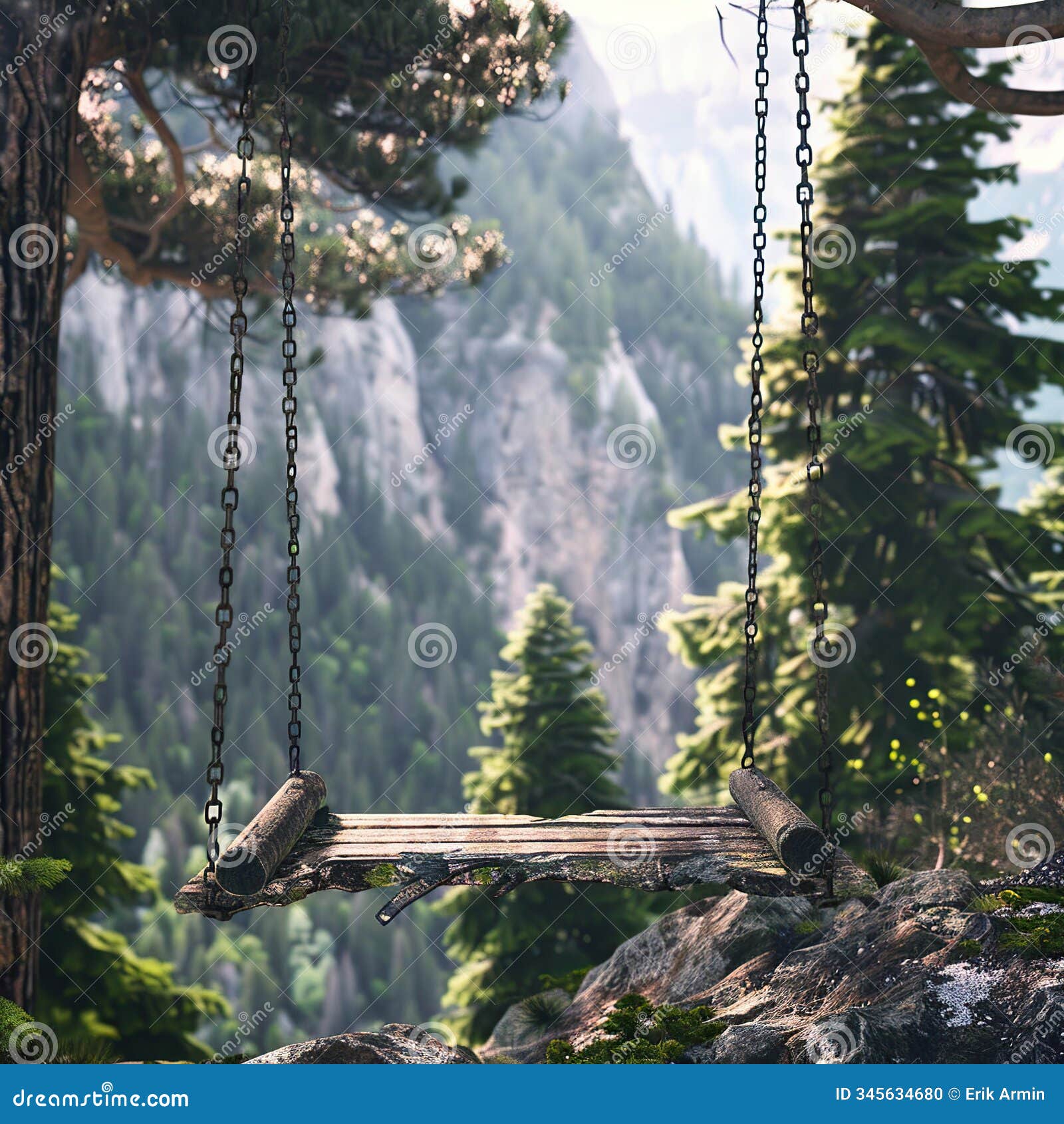 A Rustic Wooden Swing with Iron Chains, Suspended from a Cliffside Tree ...