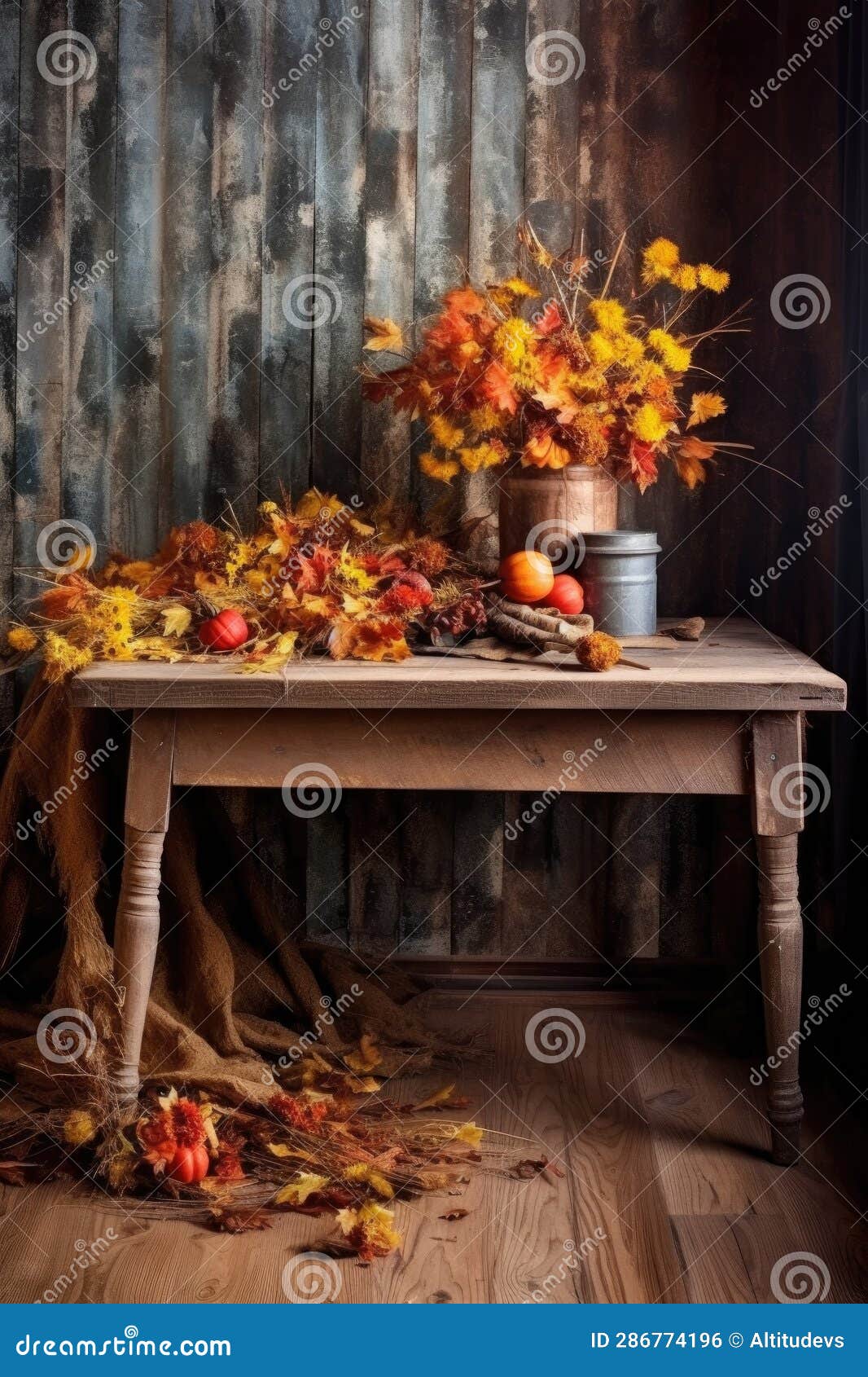 Rustic Wooden Table with Autumn Leaves Scattered Stock Photo - Image of ...