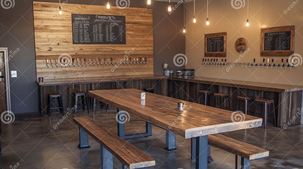 Rustic Wooden Table and Bench Set in a Brew Pub Stock Illustration - Illustration of light, bulb ...