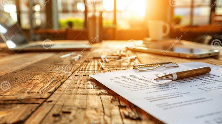 Rustic Wooden Table with Paper Stack and Vintage Pen Under a Sunlit ...