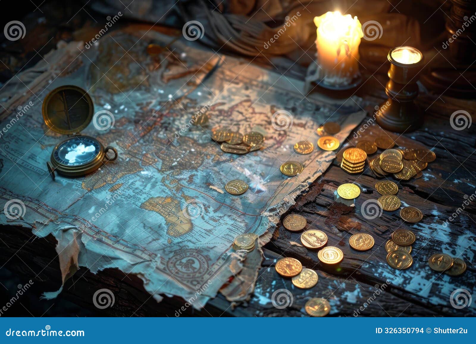 A Rustic Wooden Table With A Pirate Map Compass And Gold Coins Dimly ...