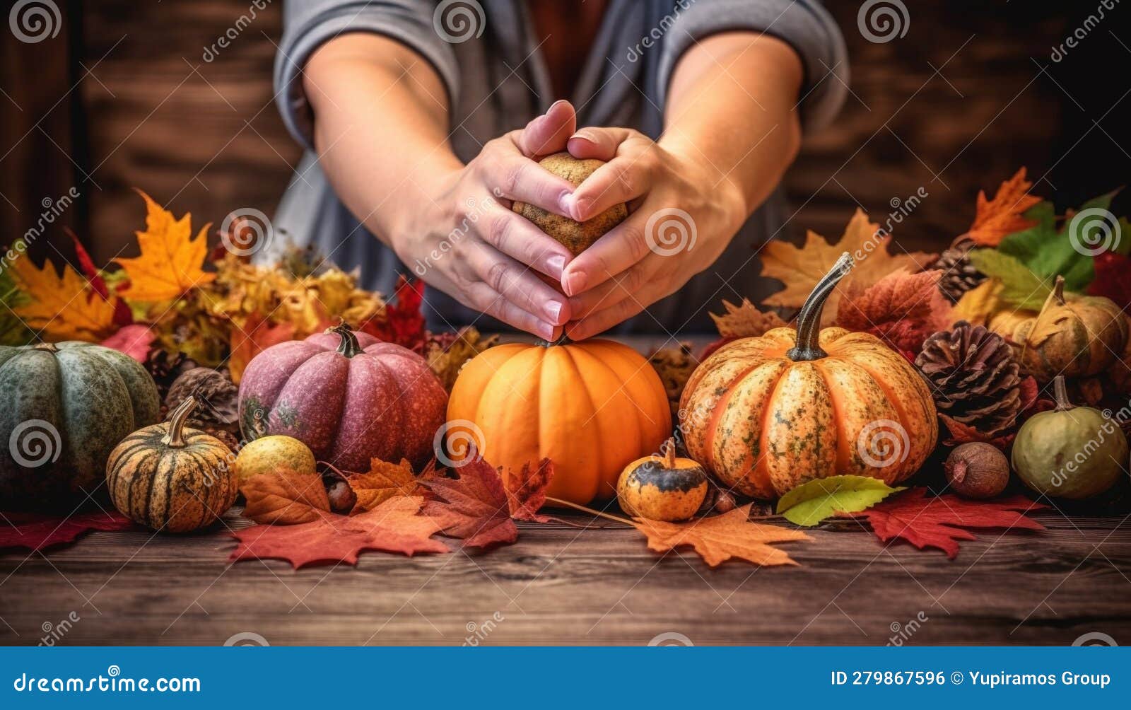 Rustic Wooden Table with Pumpkin Gourds, Leaves, and Smiling Humans ...