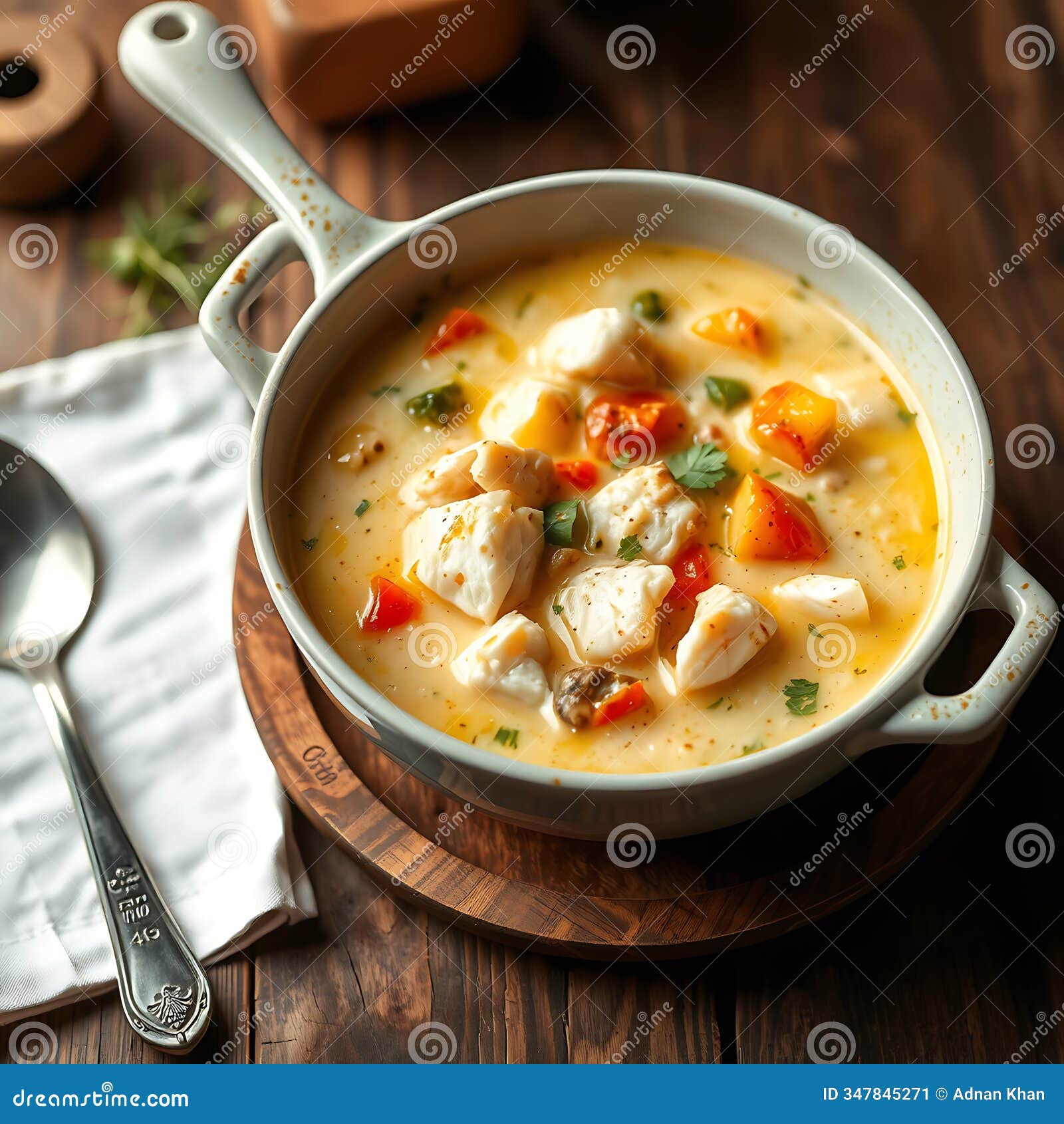 A Rustic Wooden Table Setting Featuring a Steaming Bowl of Creamy Fish ...