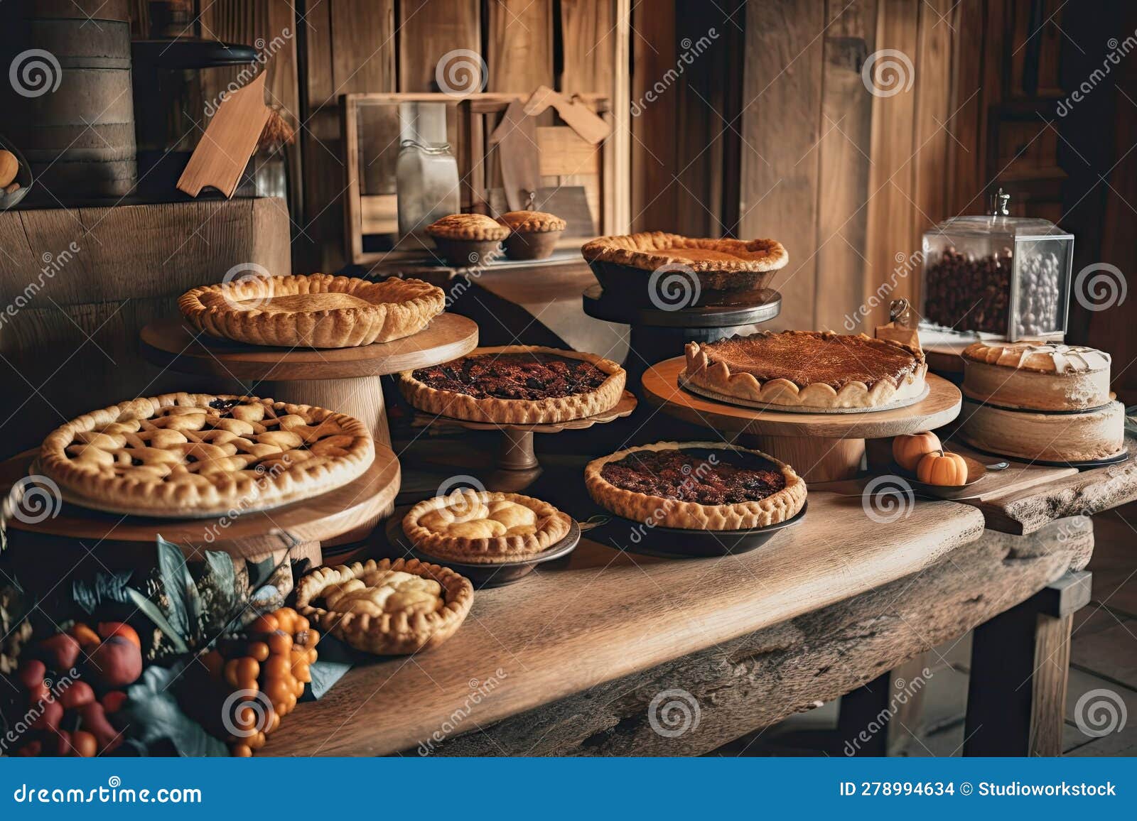 A Rustic Wooden Table with a Variety of Pies and Tarts on Display Stock ...