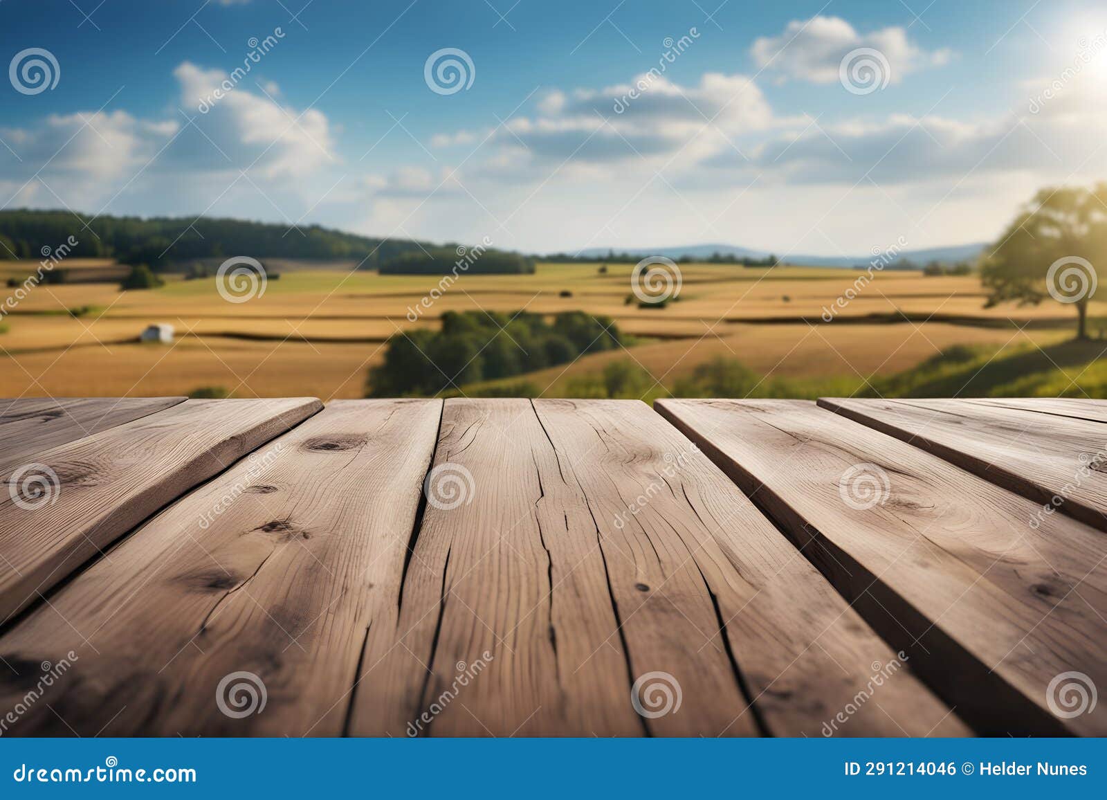 Rustic Wooden Table with a View of the Farm in the Background Stock ...