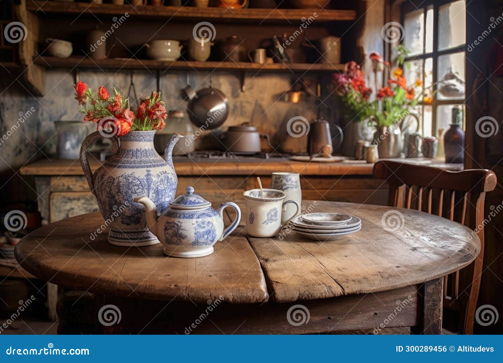 A Rustic Wooden Table with Vintage Tea Set in an Old-style Kitchen ...