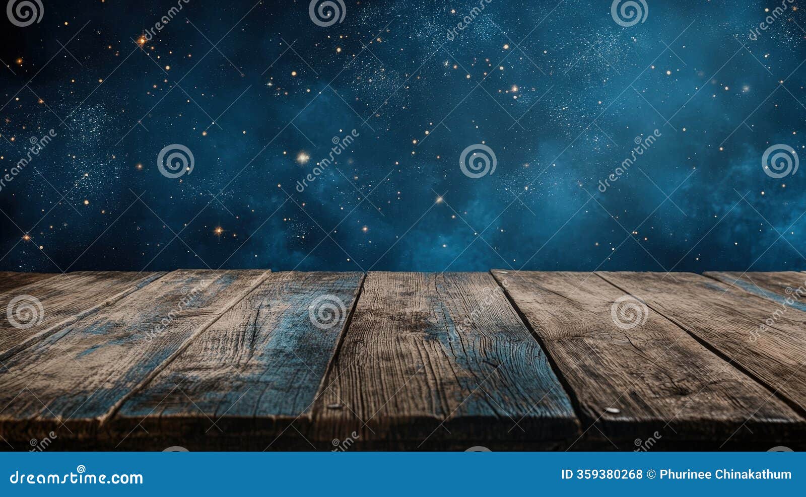 Rustic Wooden Tabletop Against a Night Sky with Stars Background Stock ...