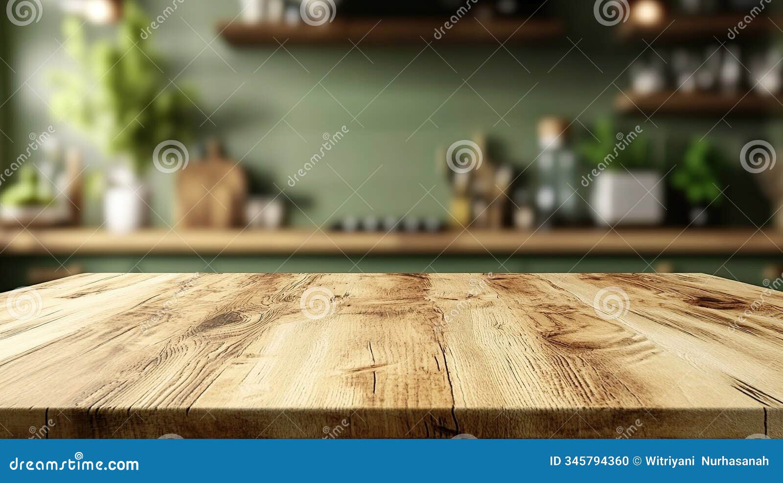 Rustic Wooden Tabletop in a Blurred Green Kitchen Stock Illustration ...