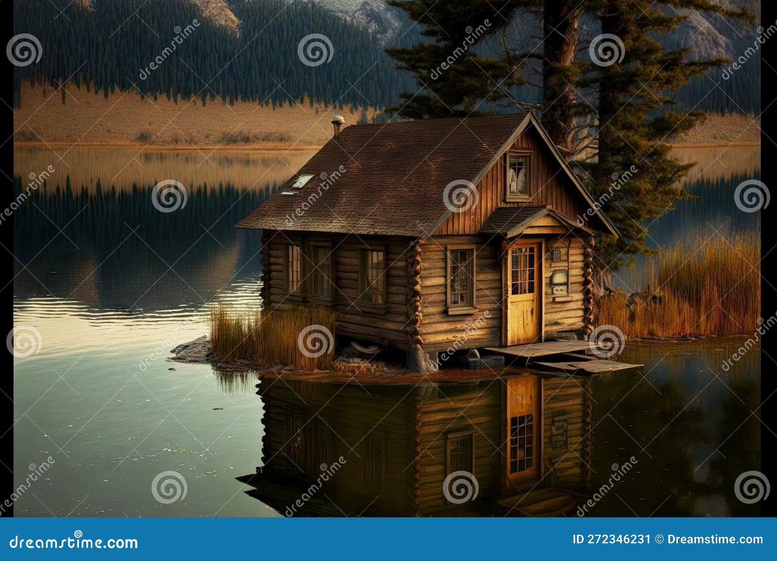 Rustic Wooden Tiny House on Shore of Lake Stock Image - Image of home ...