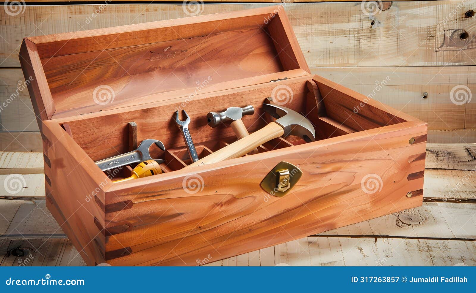 Rustic Wooden Toolbox Containing Assorted Tools on Light Wooden ...