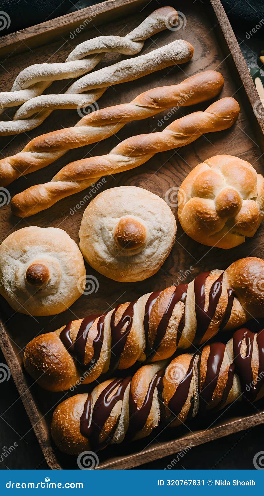 Rustic Wooden Tray with Assorted Bread Rolls and Chocolate Drizzled ...