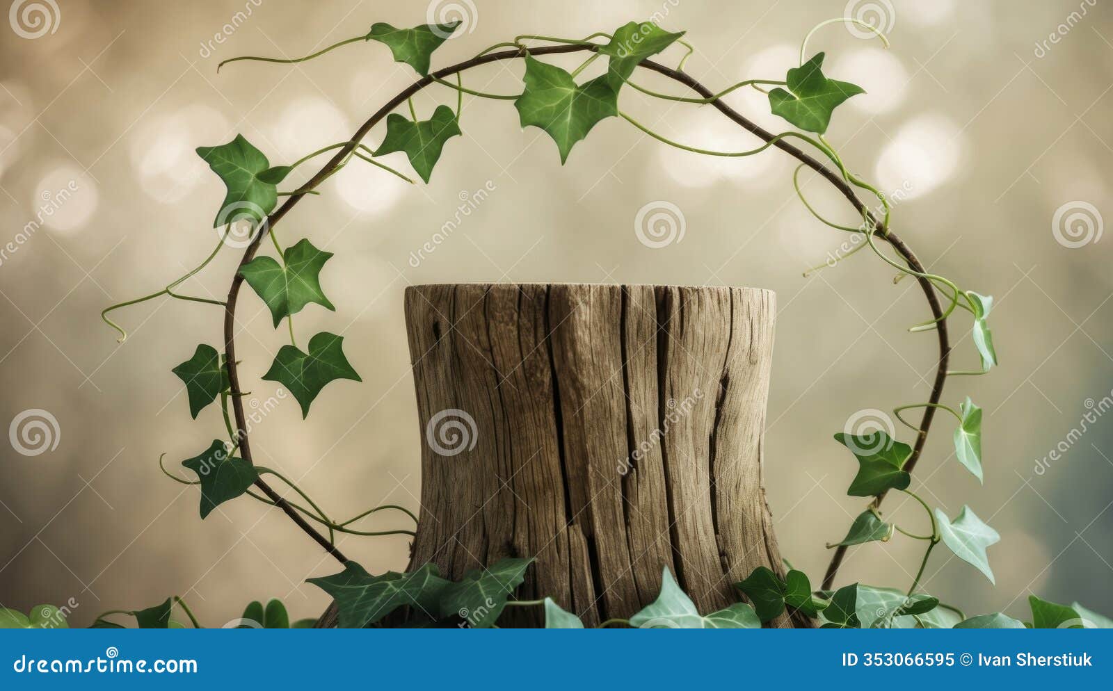 Rustic Wooden Tree Stump Display with Ivy Vine Circle Background Stock ...