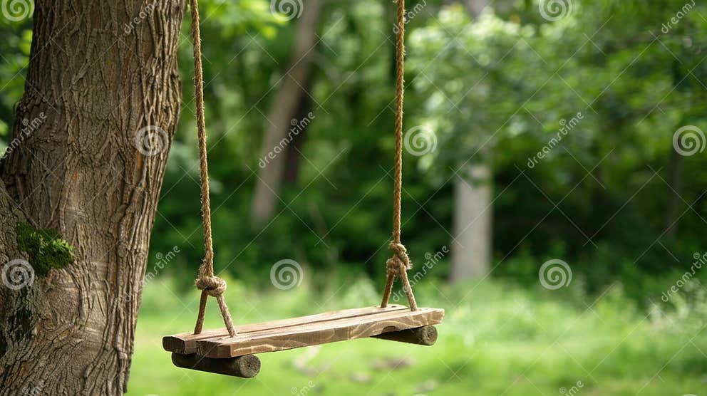 Rustic Wooden Tree Swing in Lush Green Forest Setting Stock Photo ...