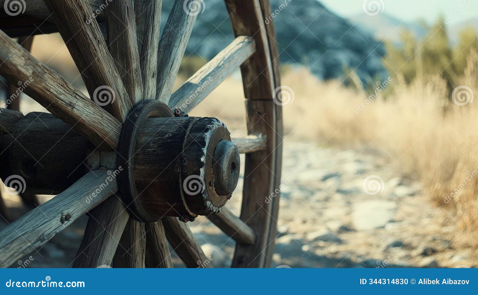 Rustic Wooden Wagon Wheel on Path with Blurred Nature in Background ...