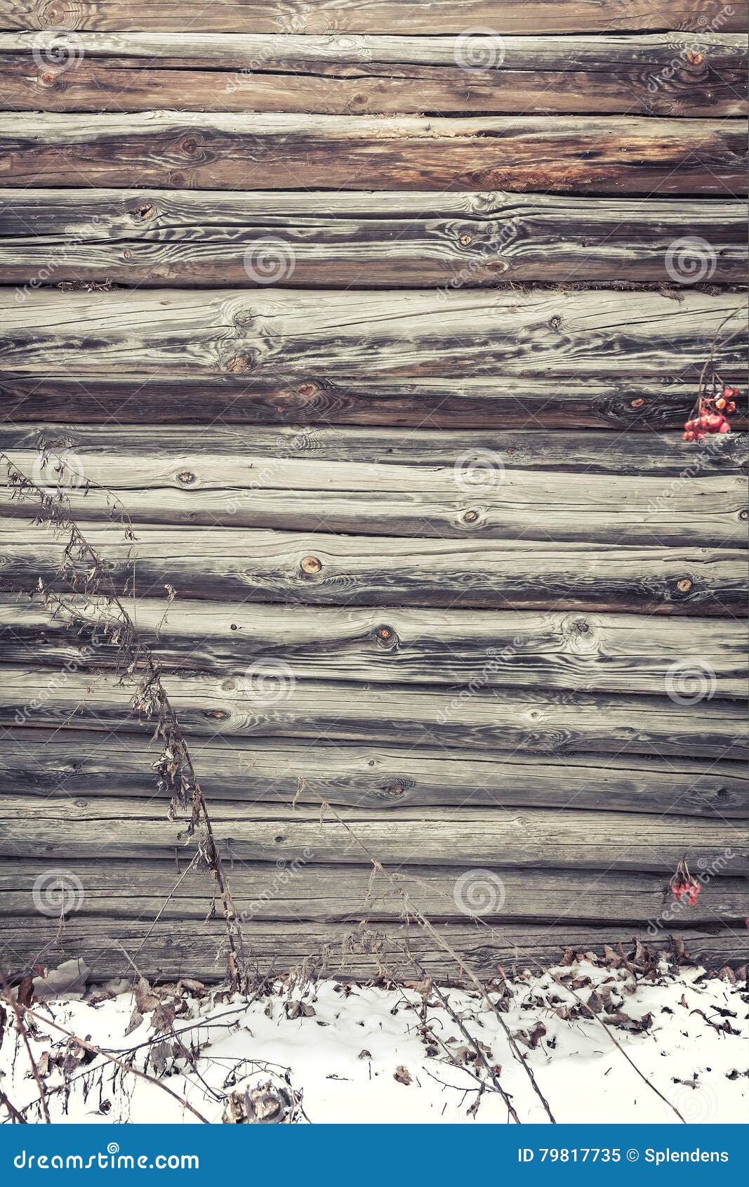 Rustic Wooden Wall of Cabin with Snow As Winter Background with Copy ...