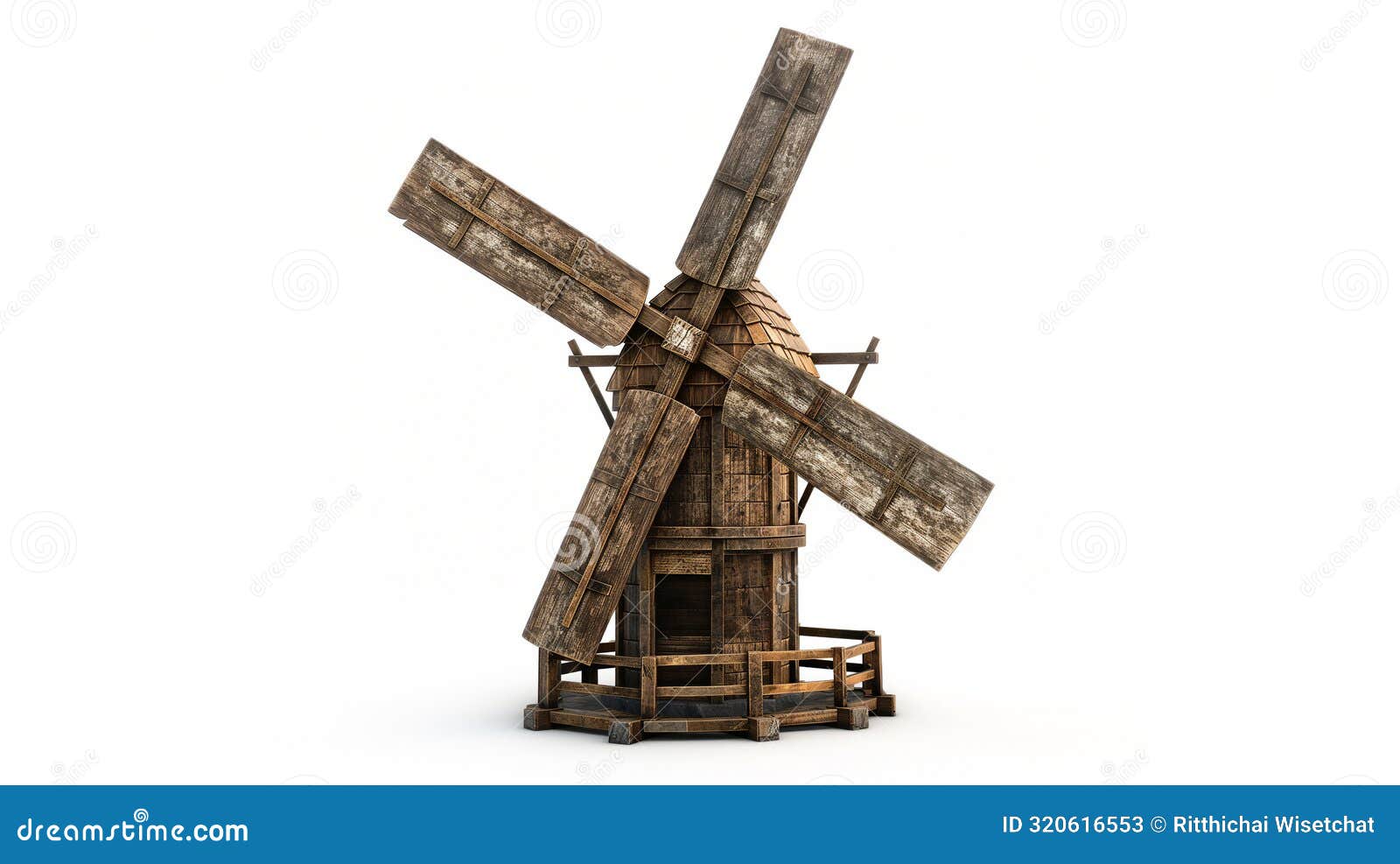 Rustic Wooden Windmill On A White Background, Vintage Charm Stock ...